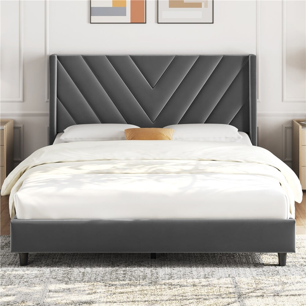 BENJM Full Bed Frame Upholstered Platform Bed with Wing Side/Wooden ...