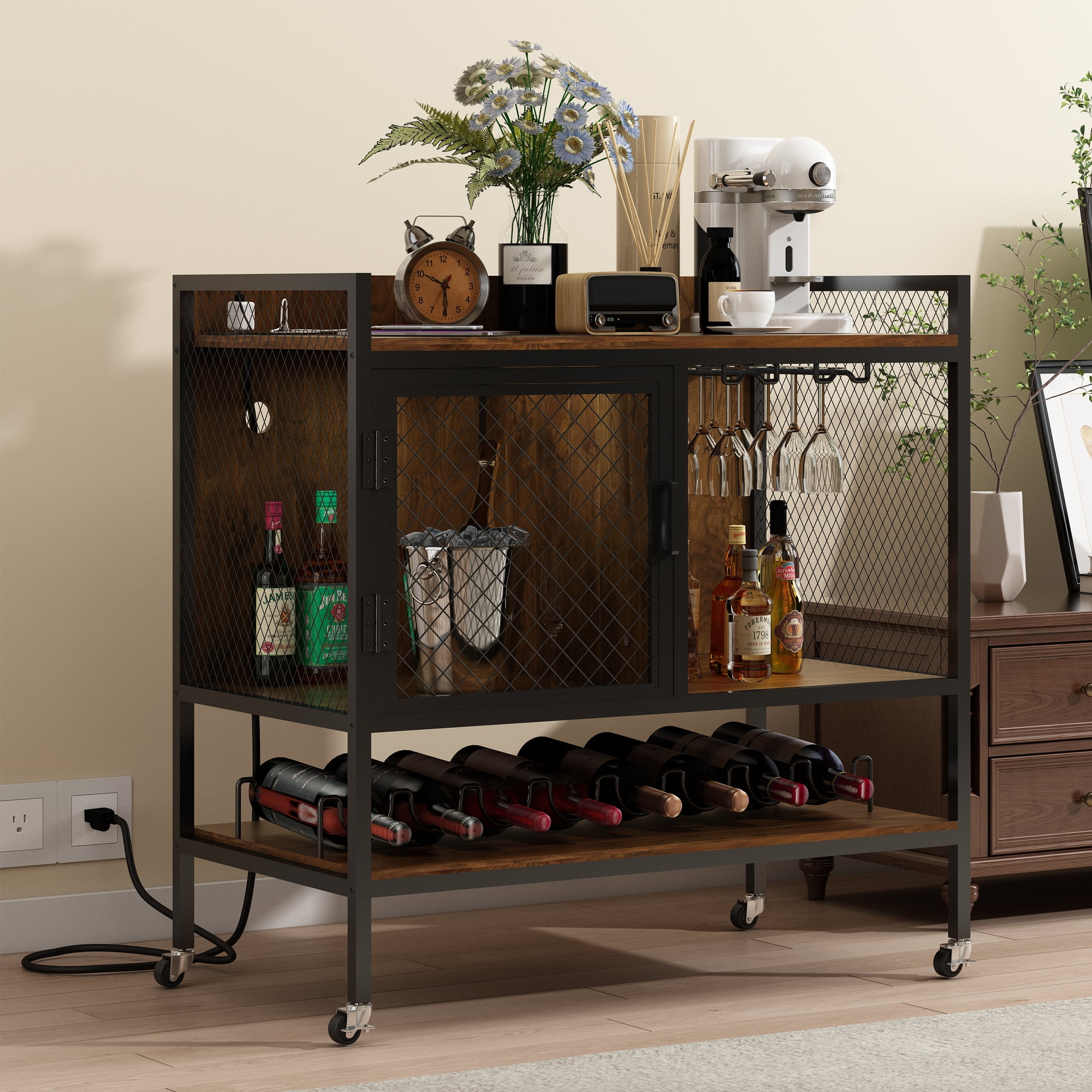 BENOSS 3-Tier Wine Bar Cabinet Trolley with Cup Holders Wine Racks and ...