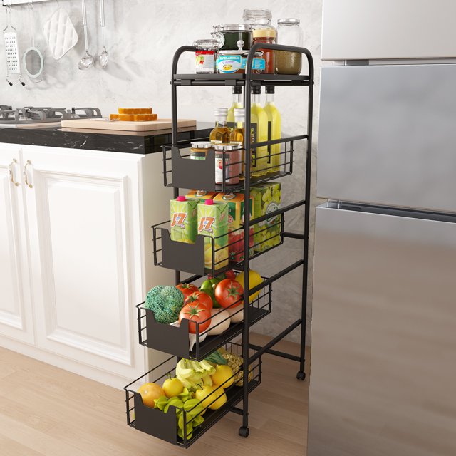 BENOSS 5 Tier Slim Rolling Cart with Drawers Pull-Out Design Corner ...