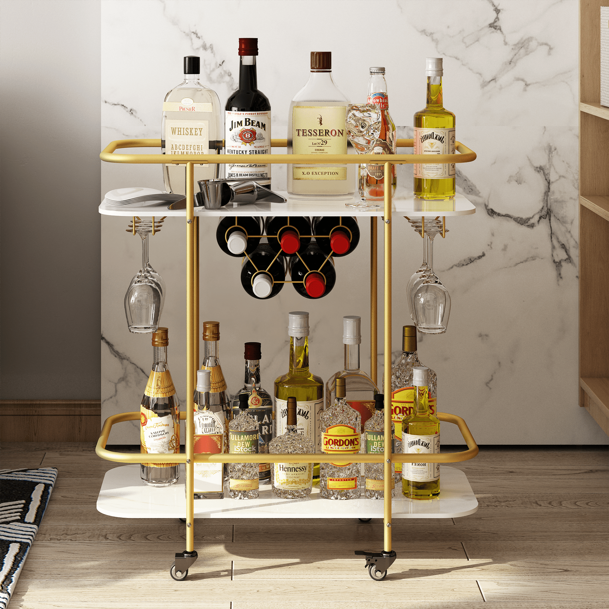 Whifea, Rolling Bar Cart, Lockable Wheels, Gold with Storage - Walmart.com