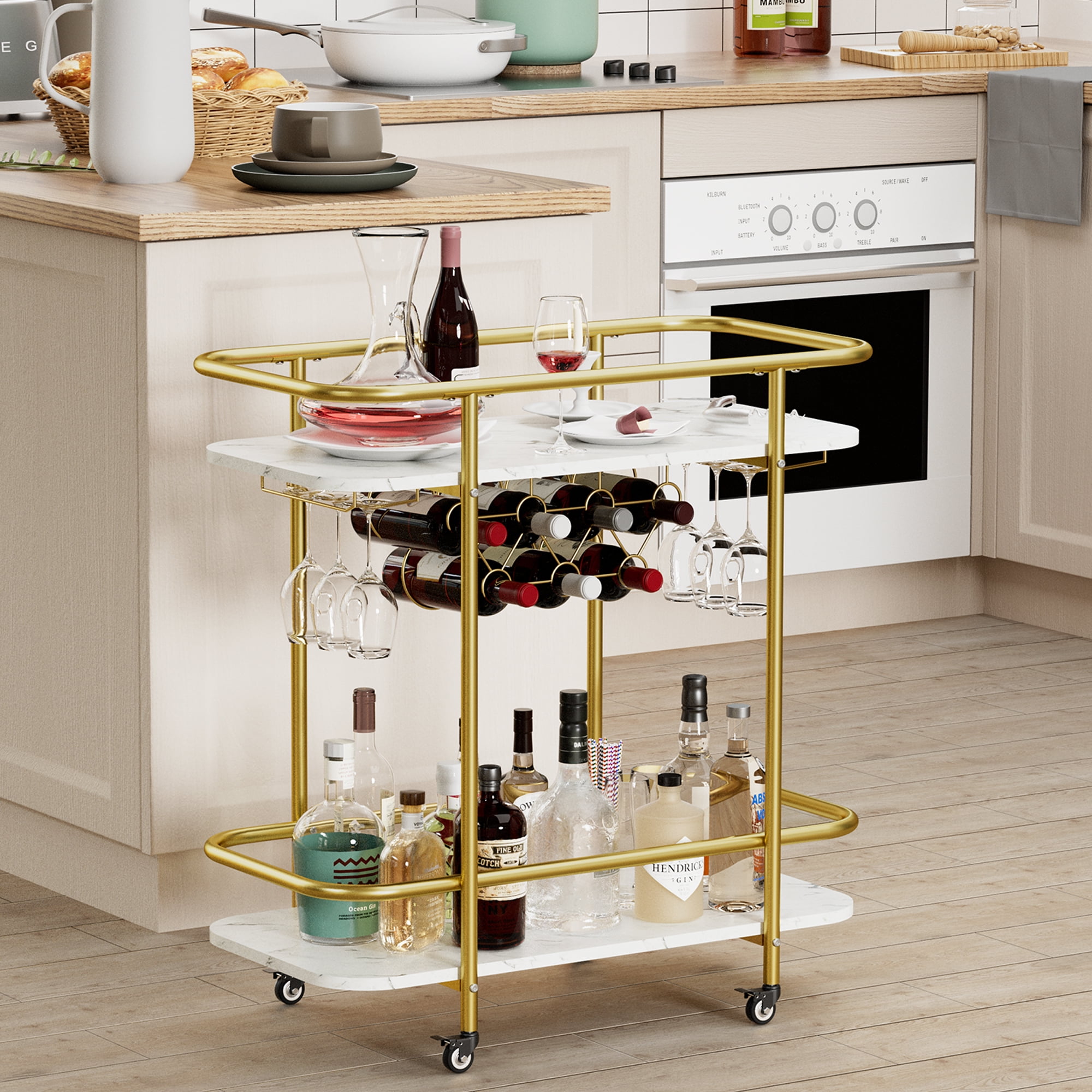 BENOSS Wine Bar Cart, Small Rolling Serving Cart with Wine Rack and ...