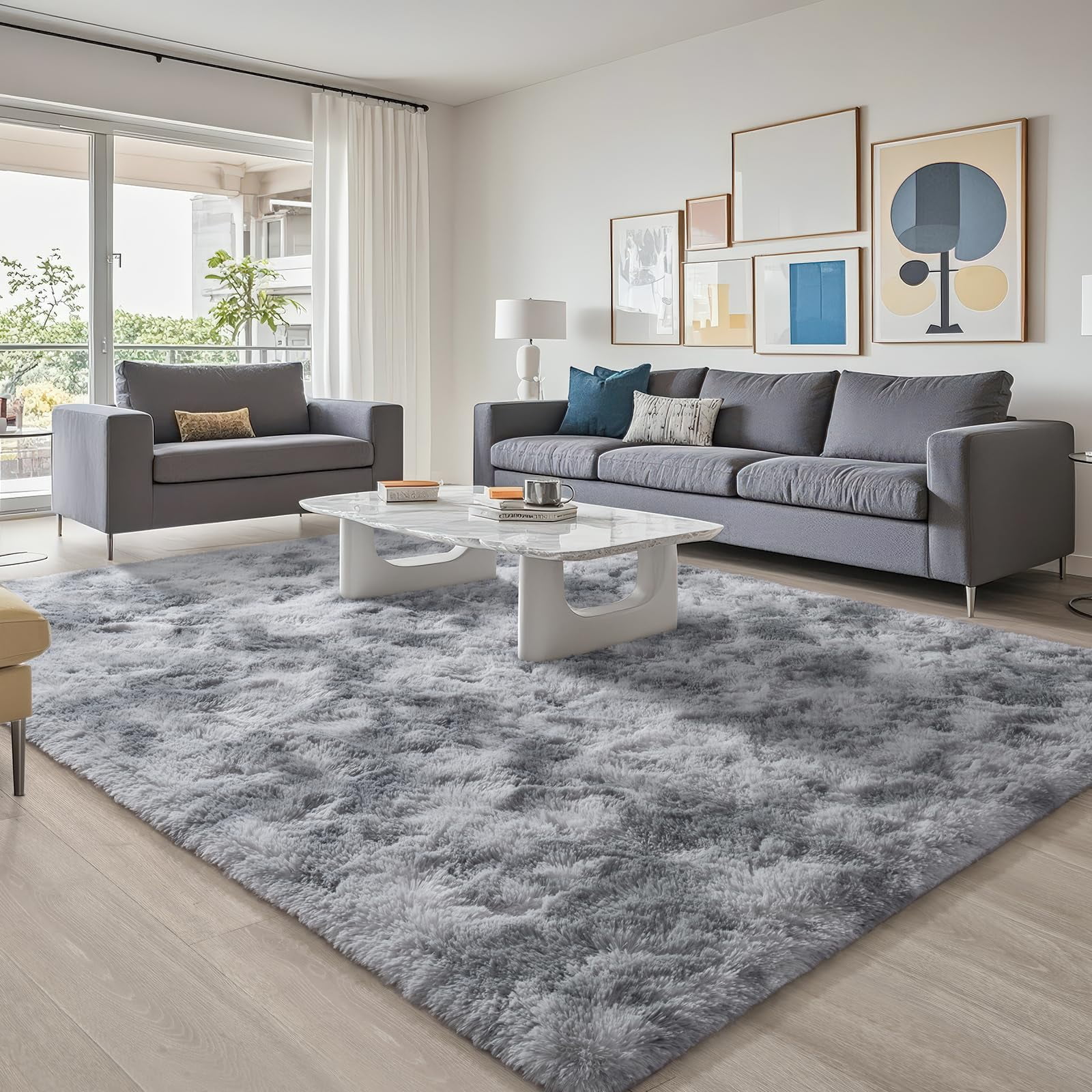 BENRON Grey and White Rug for Living Room, 5 x 8 Fluffy Rug for Bedroom ...