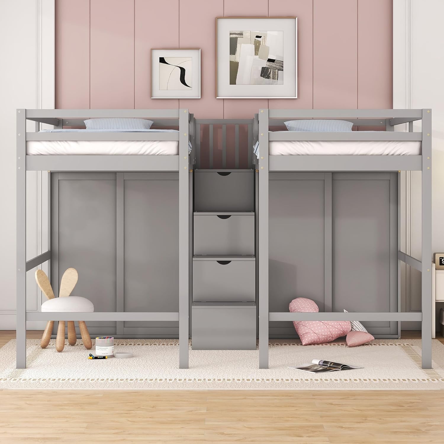 BENSHI Double Twin Size Loft Bed with Staircase and Wardrobes, Solid ...