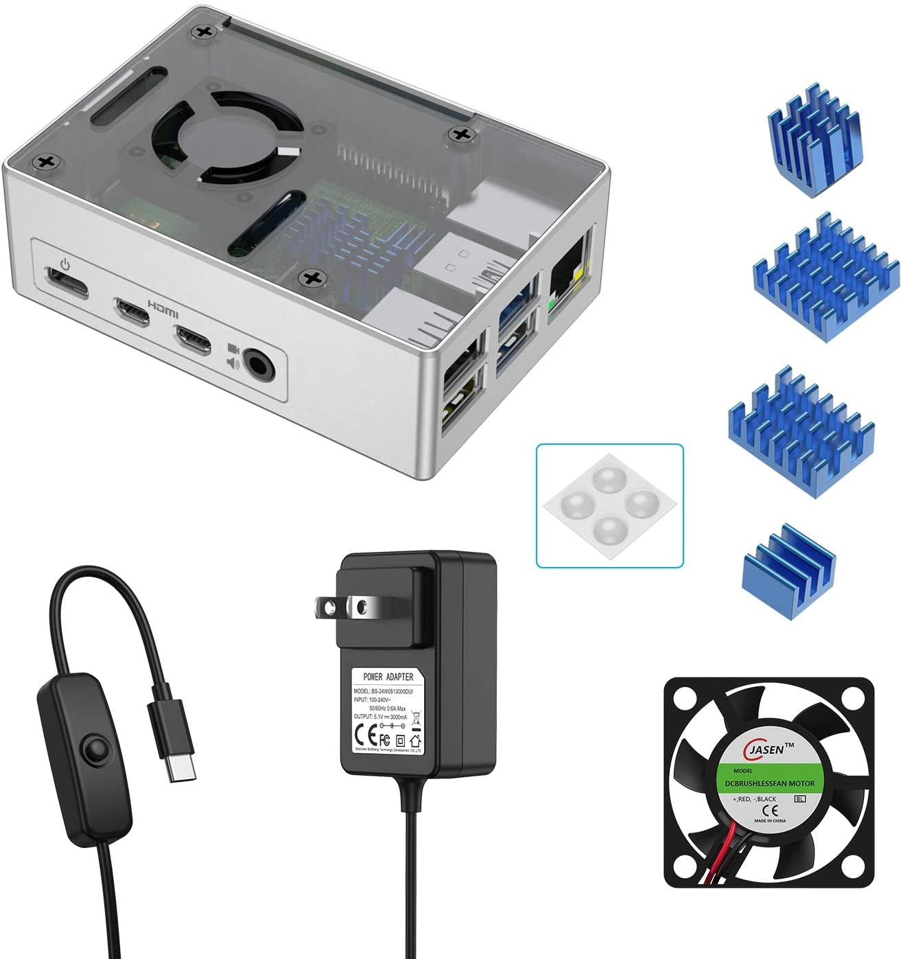 BENSN Raspberry Pi 4 Case Kit with Fan, 5V 3A Type-C Power, 4 Heatsinks ...