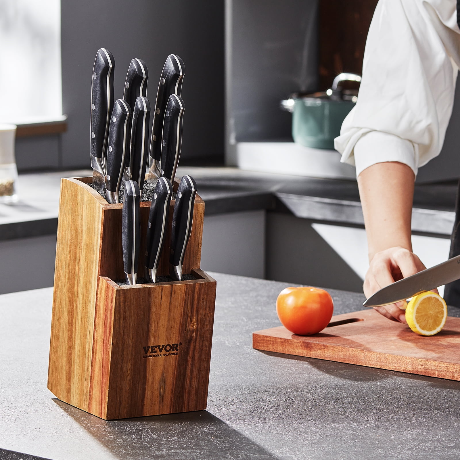 BENTISM Universal Knife Holder, Acacia Wood Block, 2-Tier Design ...