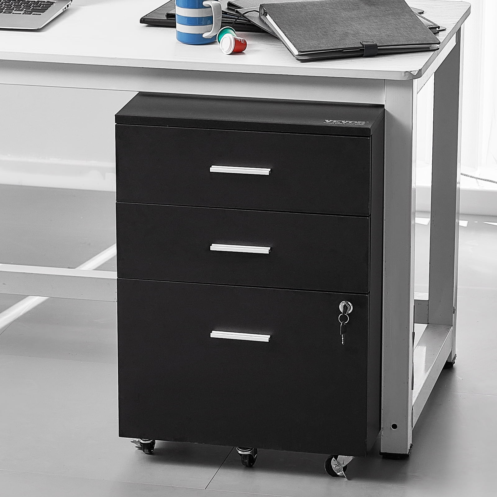 BENTISM 3 Drawer Rolling Wood File Cabinet under Desk with Lock Portable Vertical Mobile Wooden Storage Filing Cabinet for Home Office Legal Letter