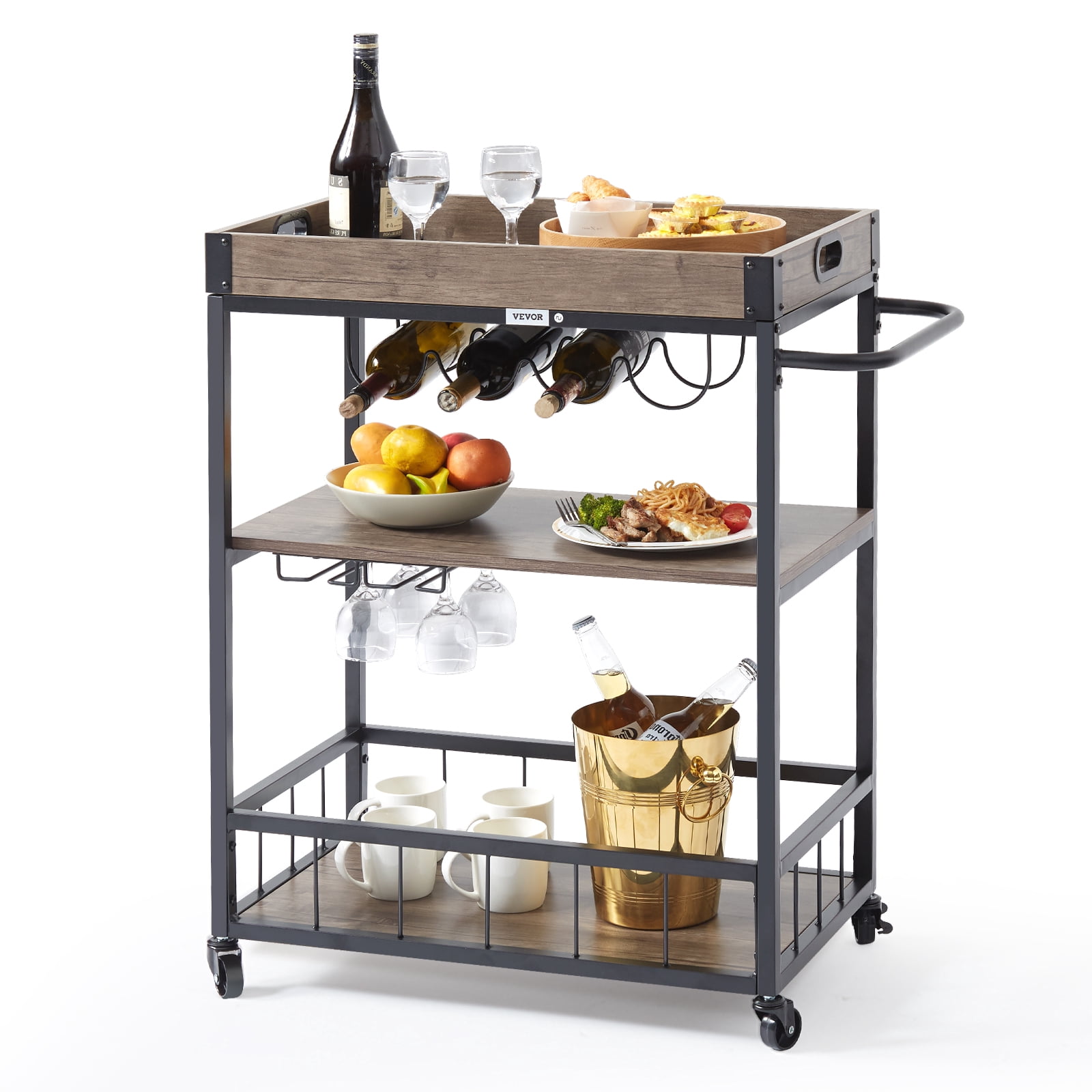 BENTISM 3-Tier Bar Serving Cart Rolling Trolley with Wine Grid Glass ...