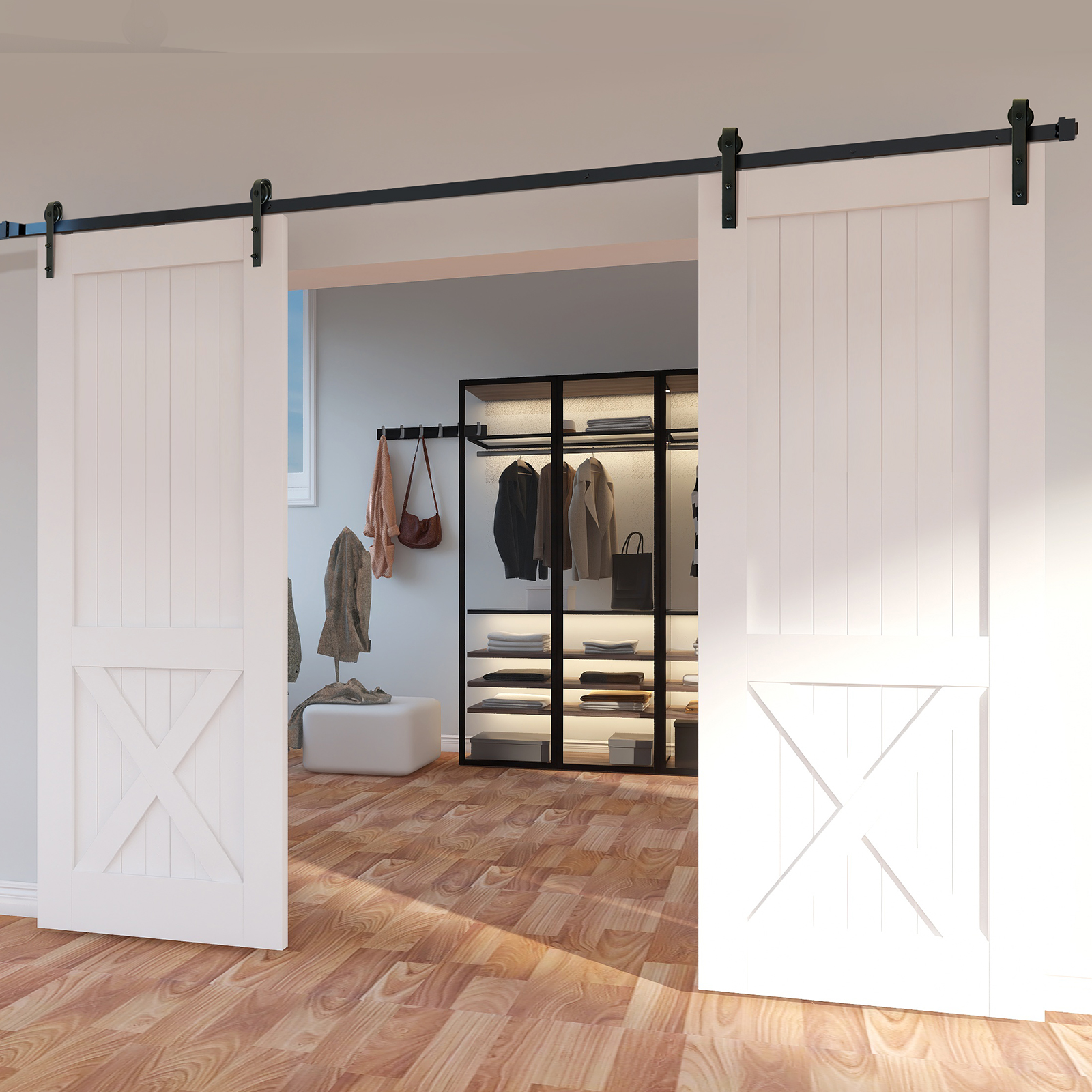 Homacer Brushed Nickel Double Track Z Shape Bypass Sliding Barn Door