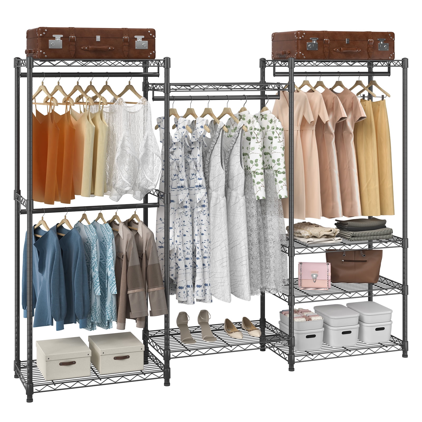 BENTISM Clothes Rack Wire Garment Rack with 4 Hang Rods & 8 Storage ...