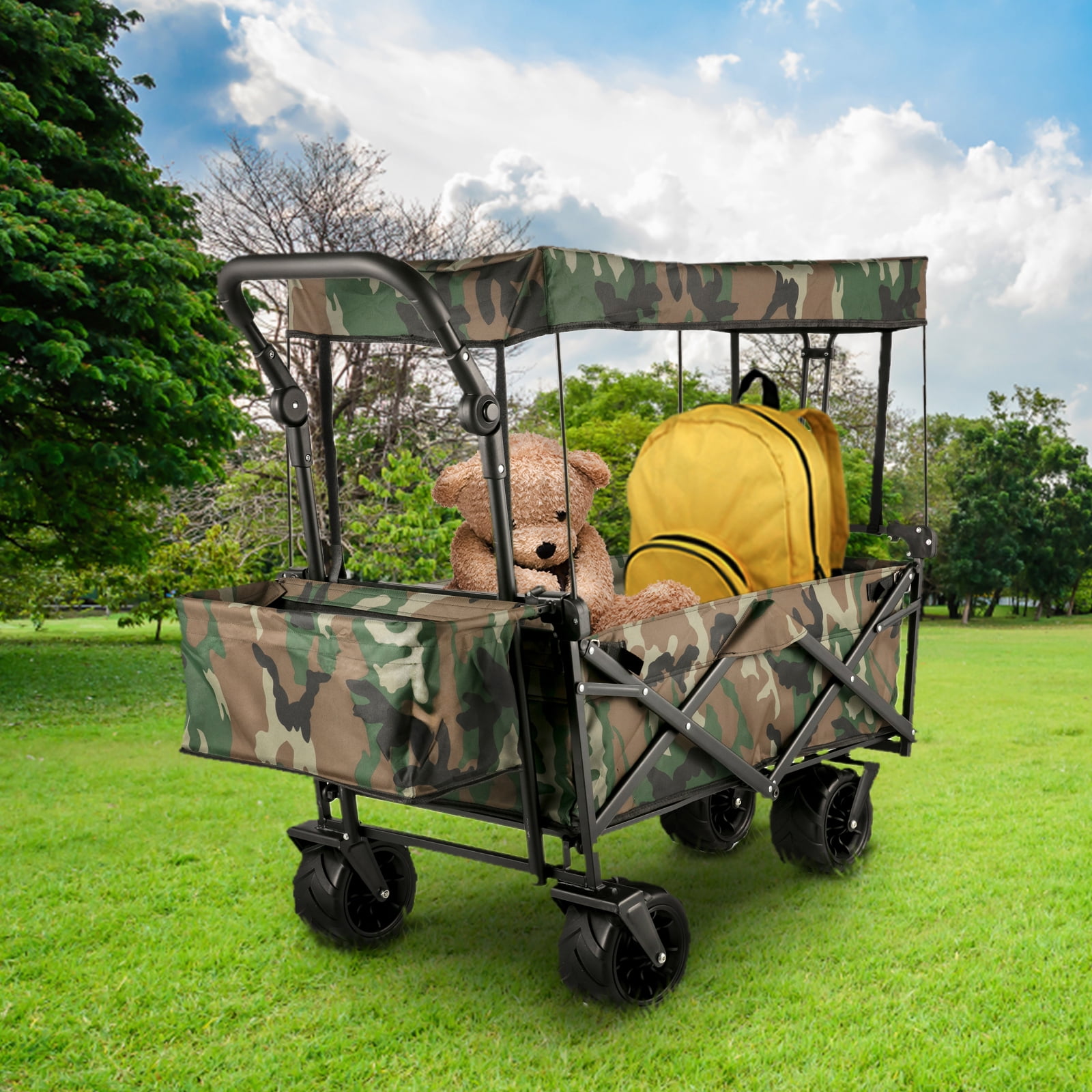 BENTISM Foldable Red Wagon with Detachable Canopy & Adjustable Handles ...