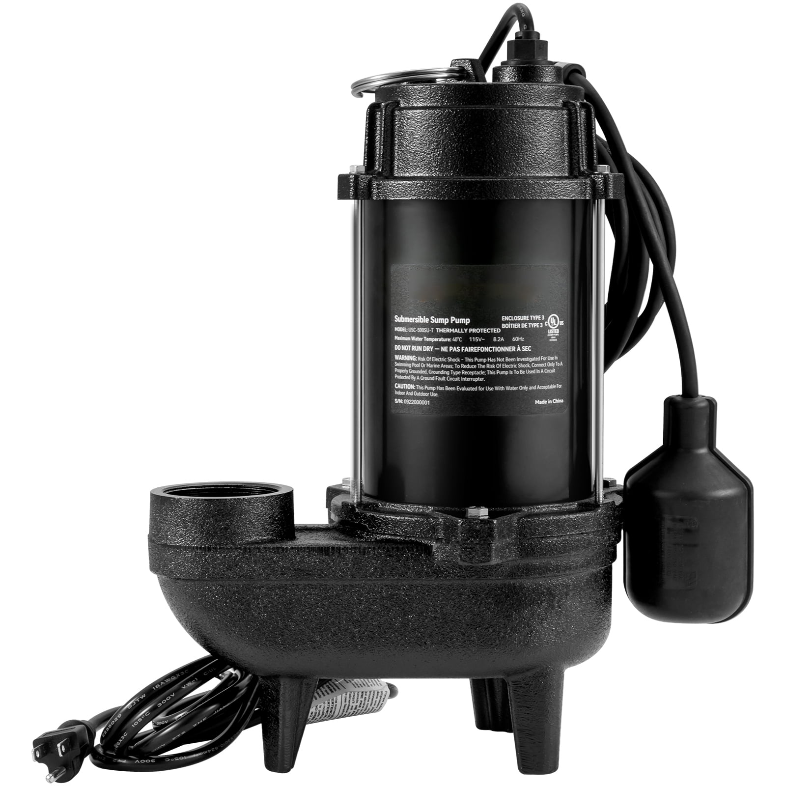 VEVOR Sewage Pump, 3/4 HP 5880 GPH 1050W, Submersible Cast Iron Ejector ...