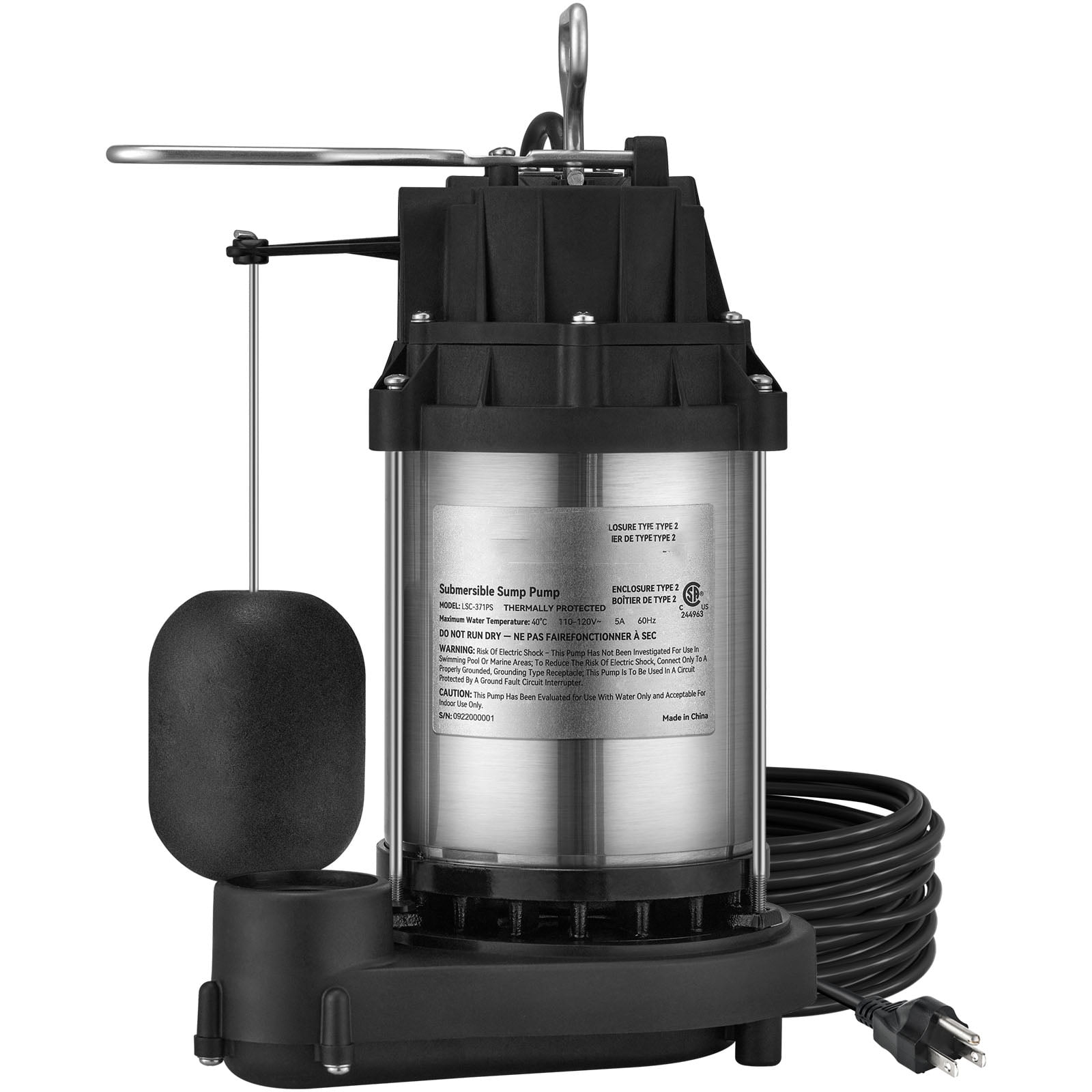 BENTISM Submersible Sump Pump Water Pump 1/2 HP 4320GPH Cast Iron Steel ...