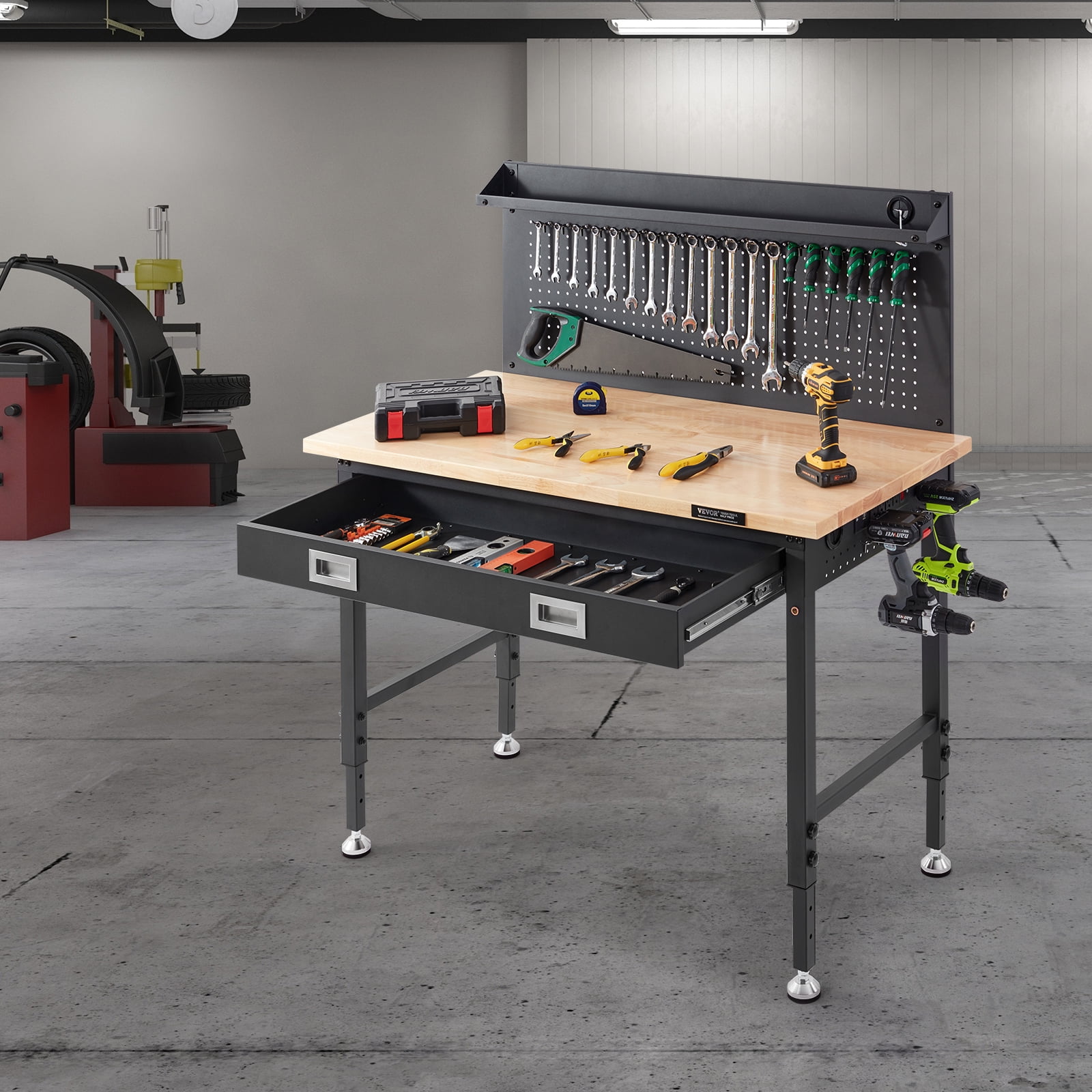 VEVOR Workbench Adjustable Height 28-39.5" Work Bench For Garage Oak ...