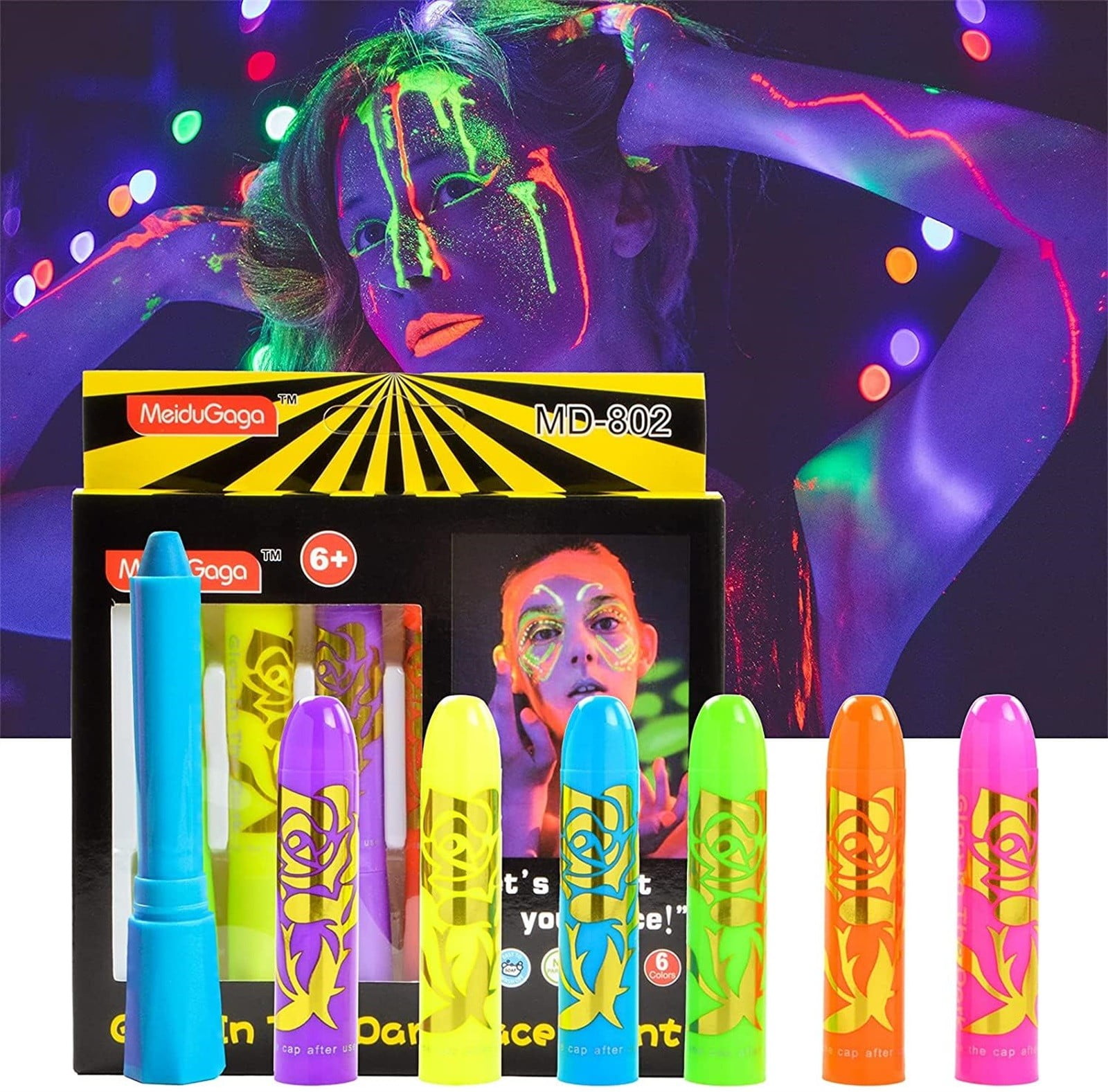 BEPONG 6/12 Pieces Glow Face & Body Makeup, Glow In The Dark Body Paint ...