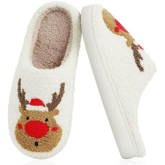 BERANMEY Christmas Reindeer Slippers for Womens Mens Plush Warm Santa ...
