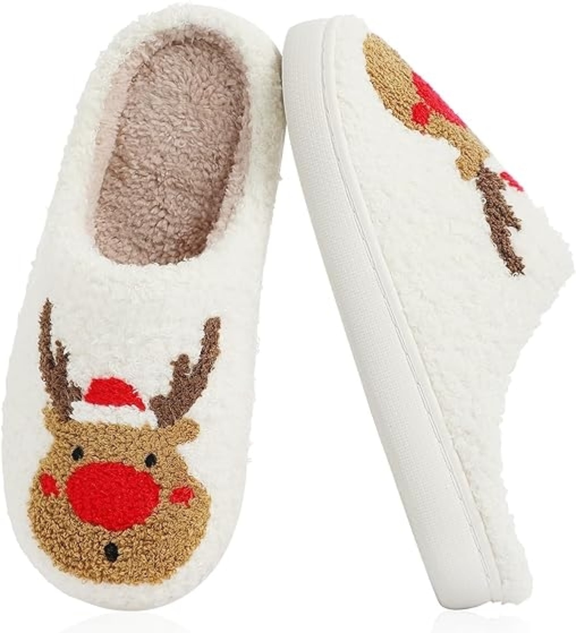 BERANMEY Christmas Reindeer Slippers for Womens Mens Plush Warm Santa ...