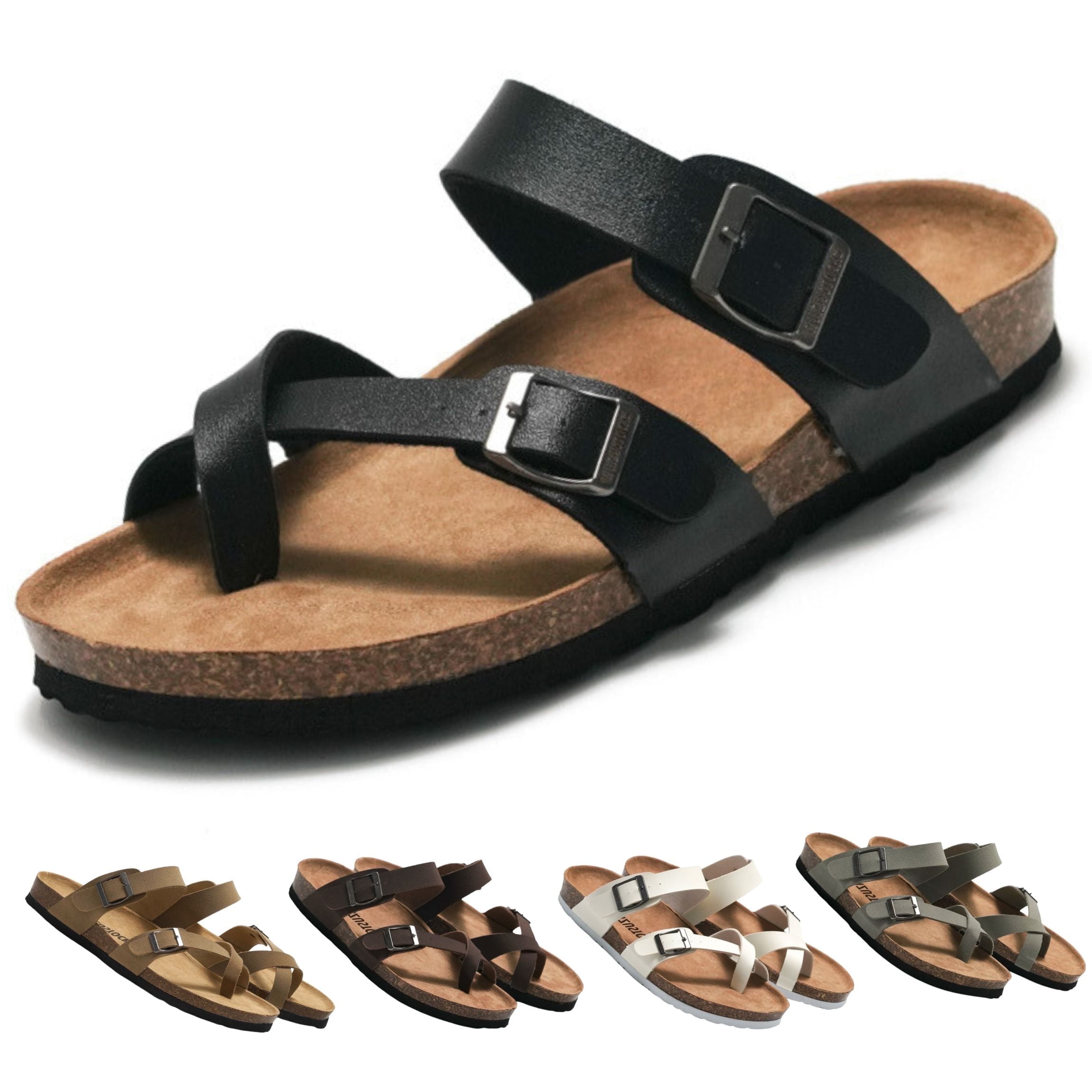 BERANMEY Cork Footbed Sandals for Women With Comfort Flat Slide Sandals ...