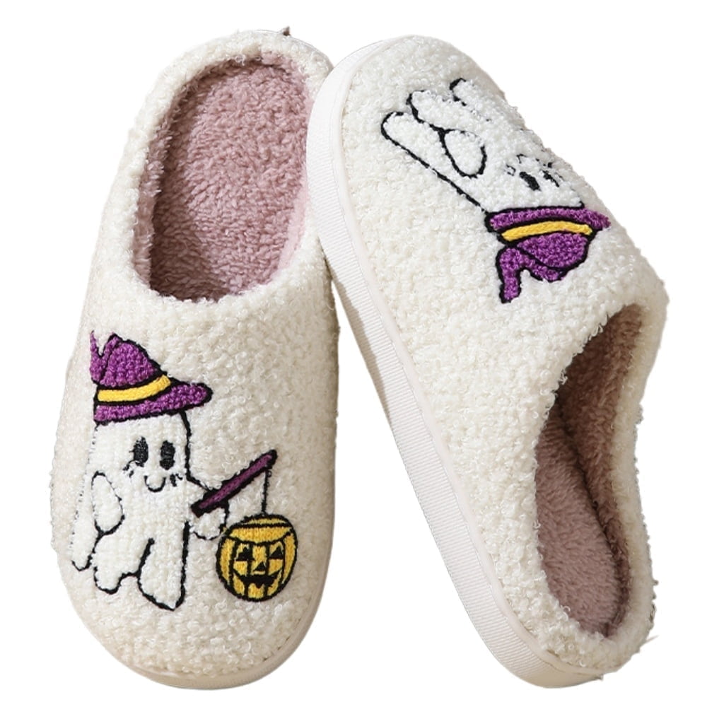 BERANMEY Cute Ghost Print Soft Plush Halloween Slippers for Women and ...