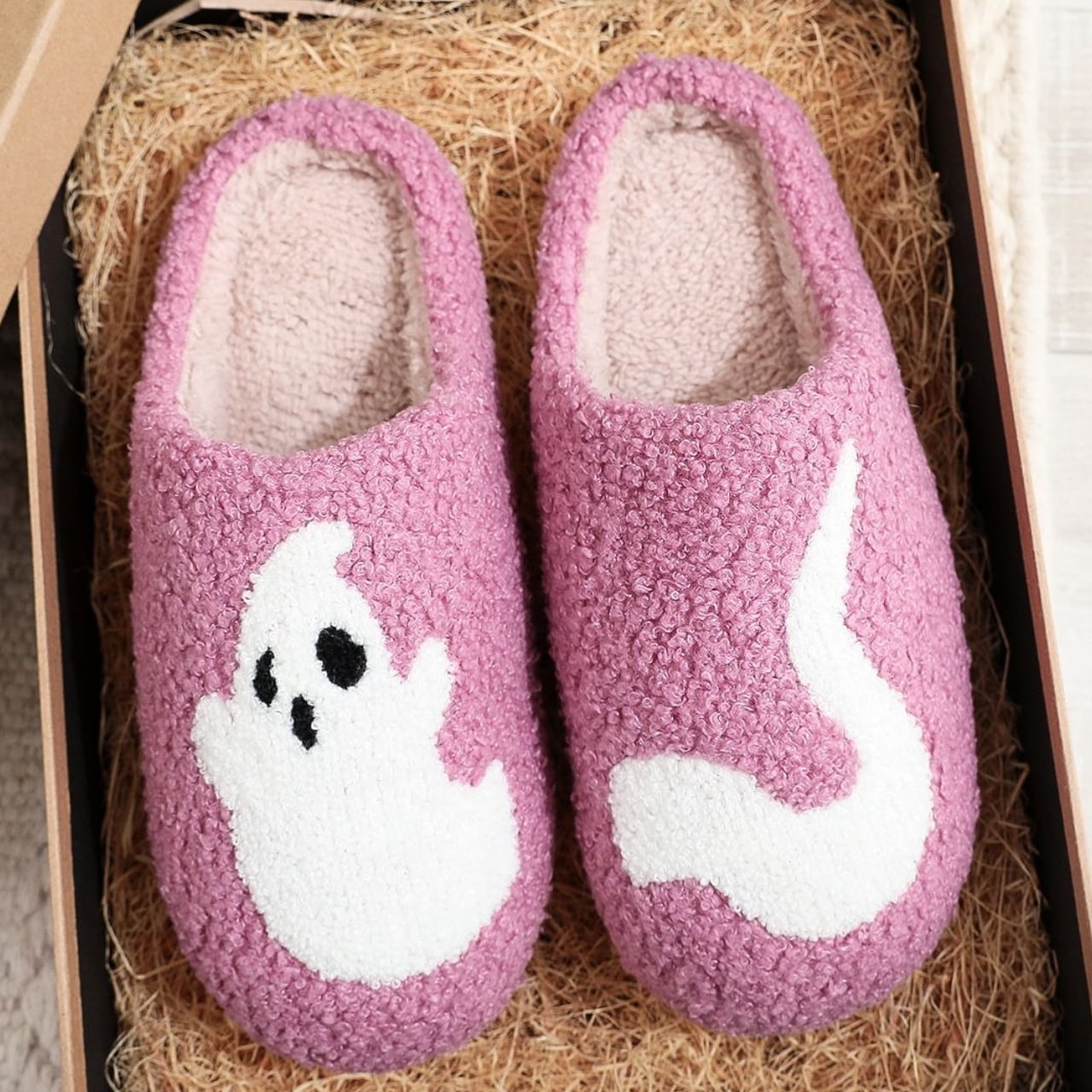 BERANMEY Cute Ghost Print Soft Plush Halloween Slippers for Women and ...
