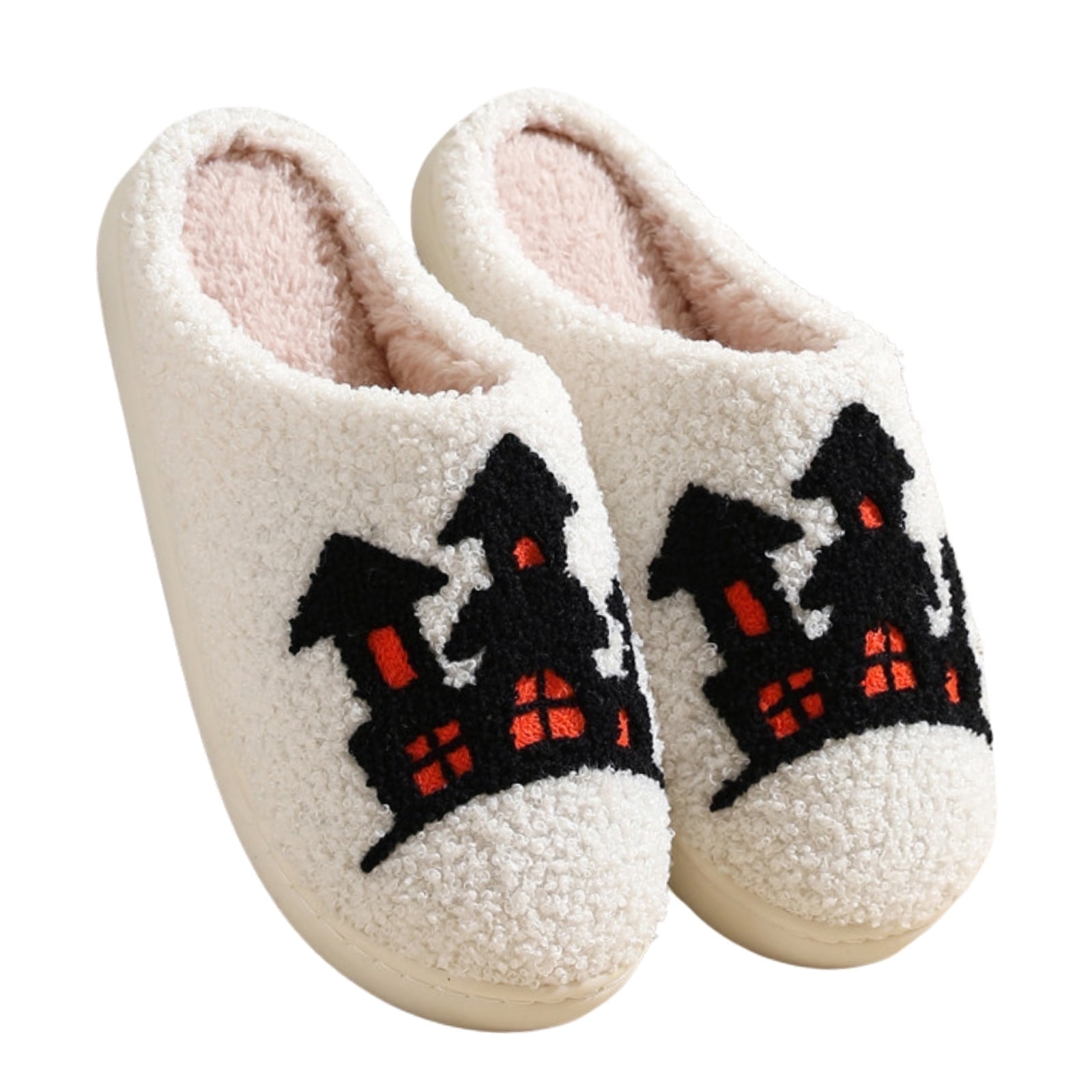 BERANMEY Cute Ghost Print Soft Plush Halloween Slippers for Women and ...