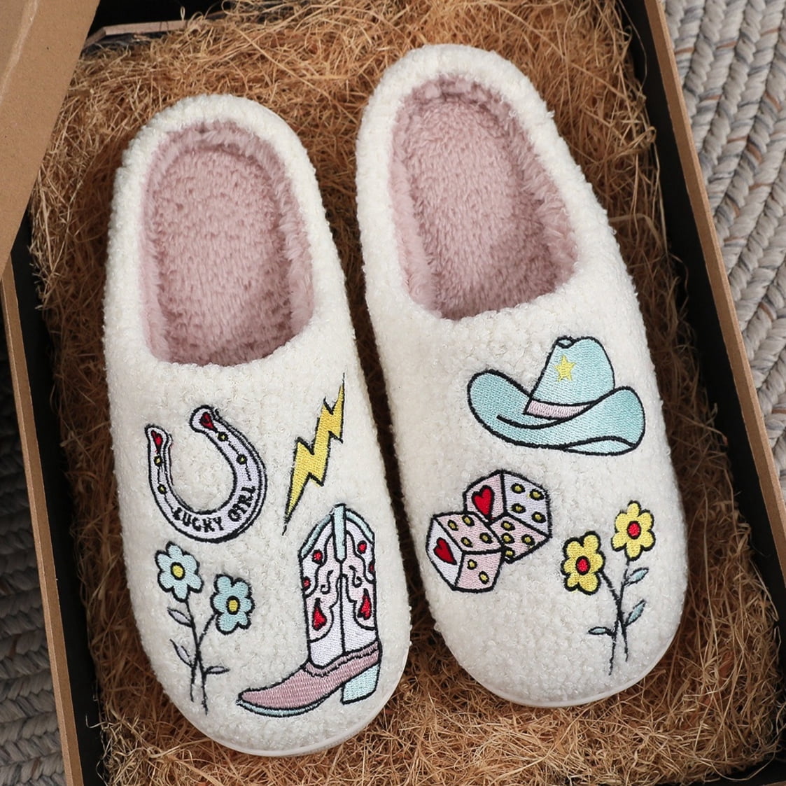 BERANMEY Cute Smile Cowboy Slippers for Women Perfect Soft Plush Comfy ...