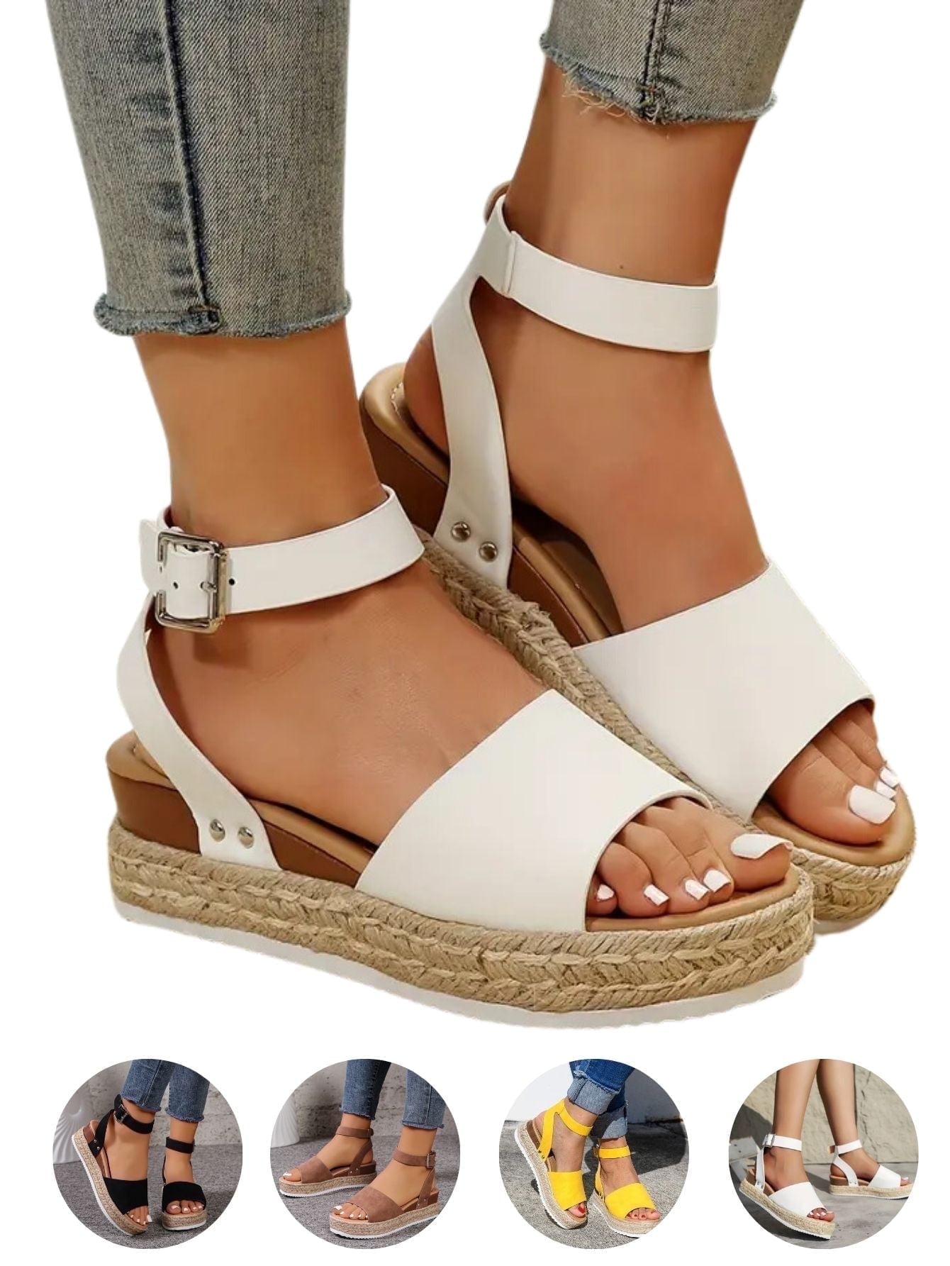 BERANMEY Open Toe Buckle Ankle Strap Espadrilles with Flatform Wedge ...