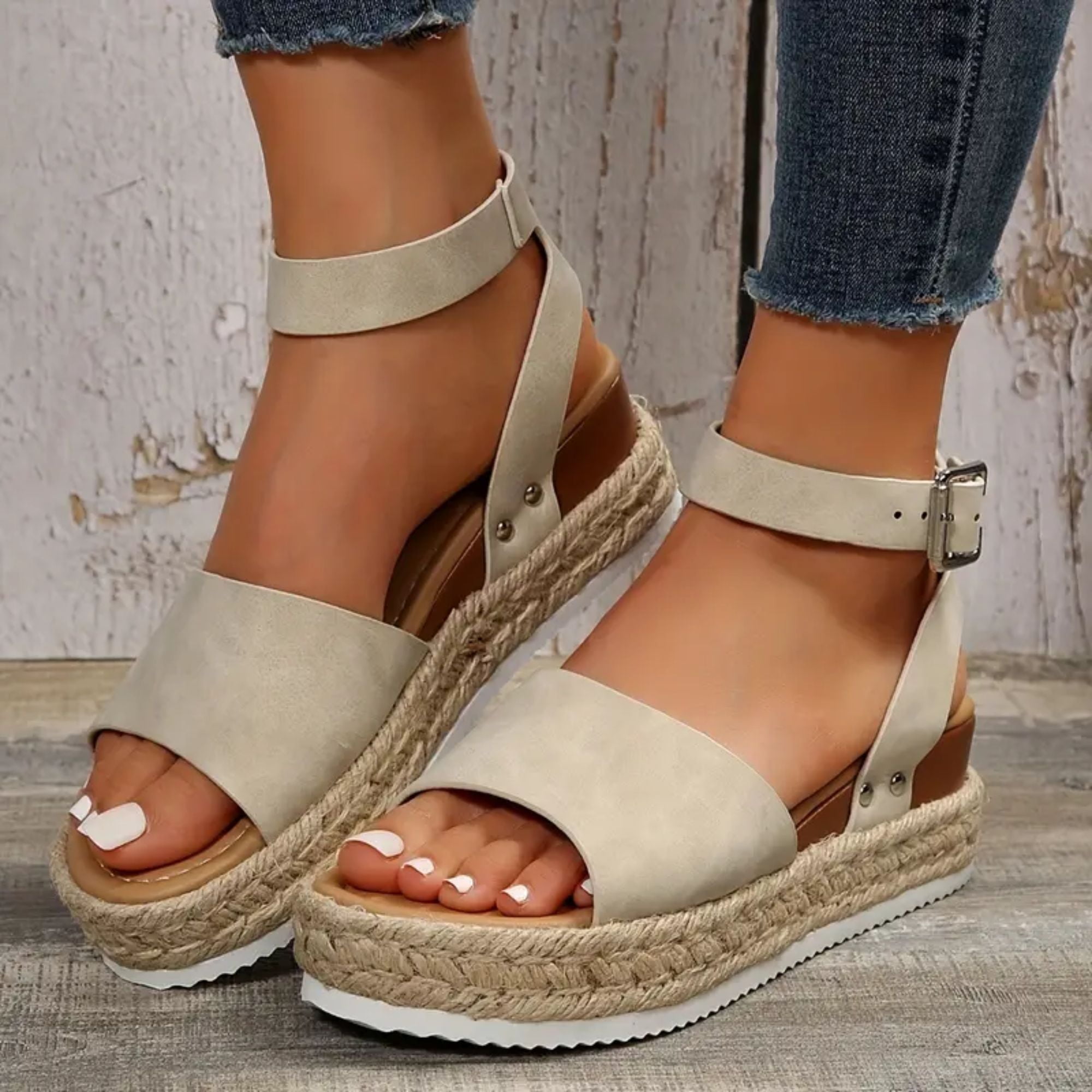 BERANMEY Open Toe Espadrilles, Buckle Ankle Strap, Braided Jute ...