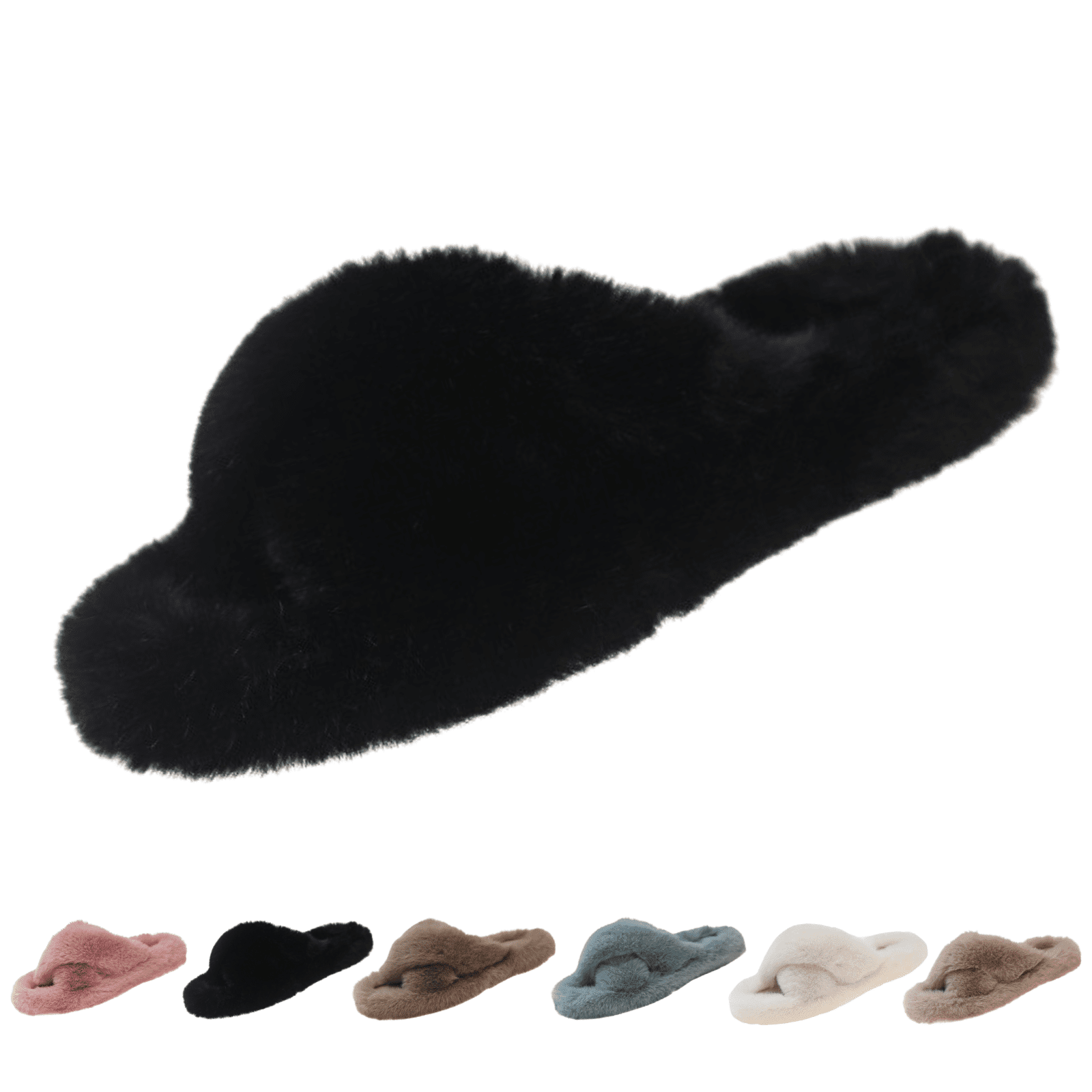 BERANMEY Women's Fuzzy Slippers Open Toe Cross Band Memory Foam House ...