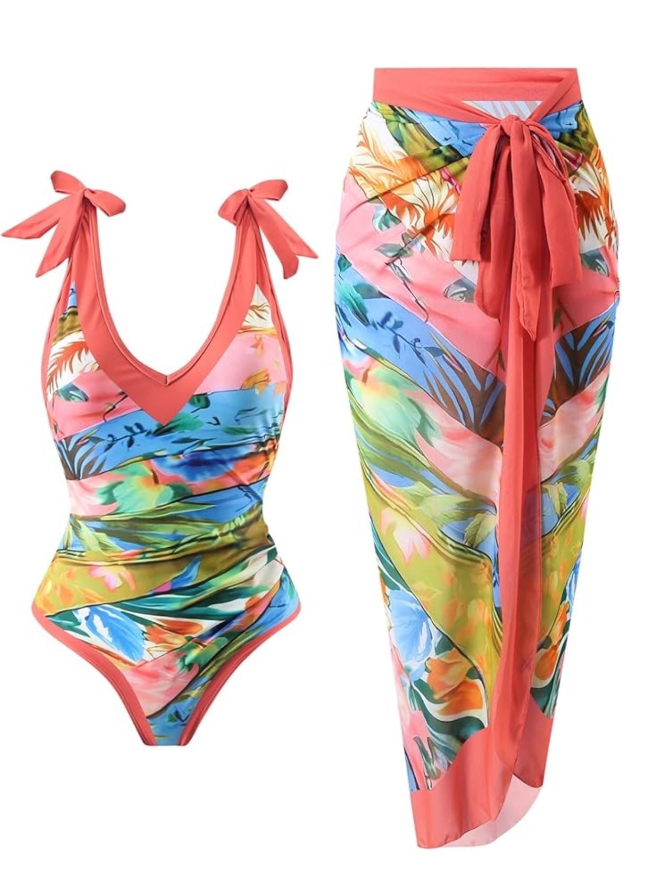 BERANMEY Women's Tropical Print One Piece Swimsuit with Cover up Beach ...