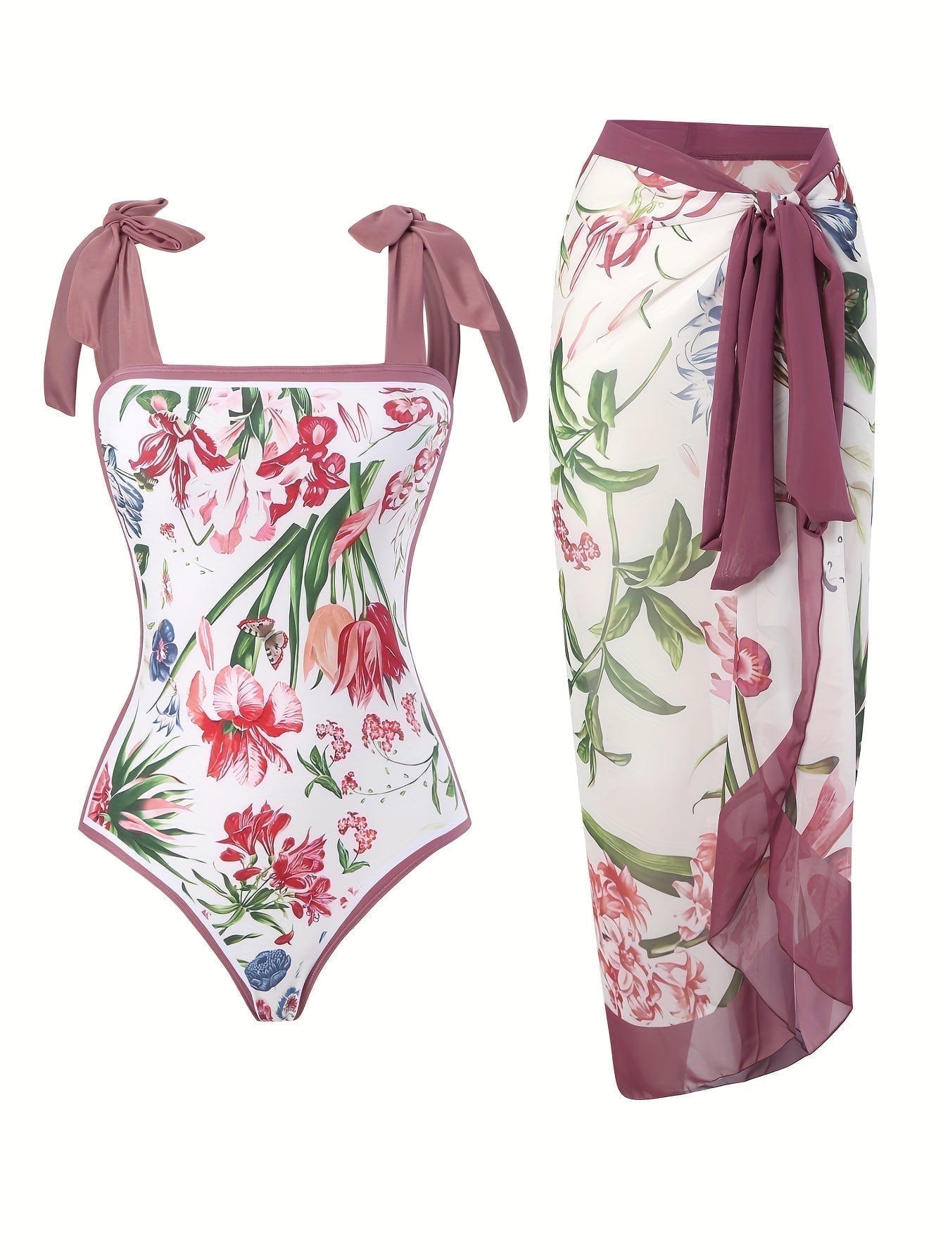 BERANMEY Women's Tropical Print Swimsuit with Cover-Up Sarong Skirt, V ...