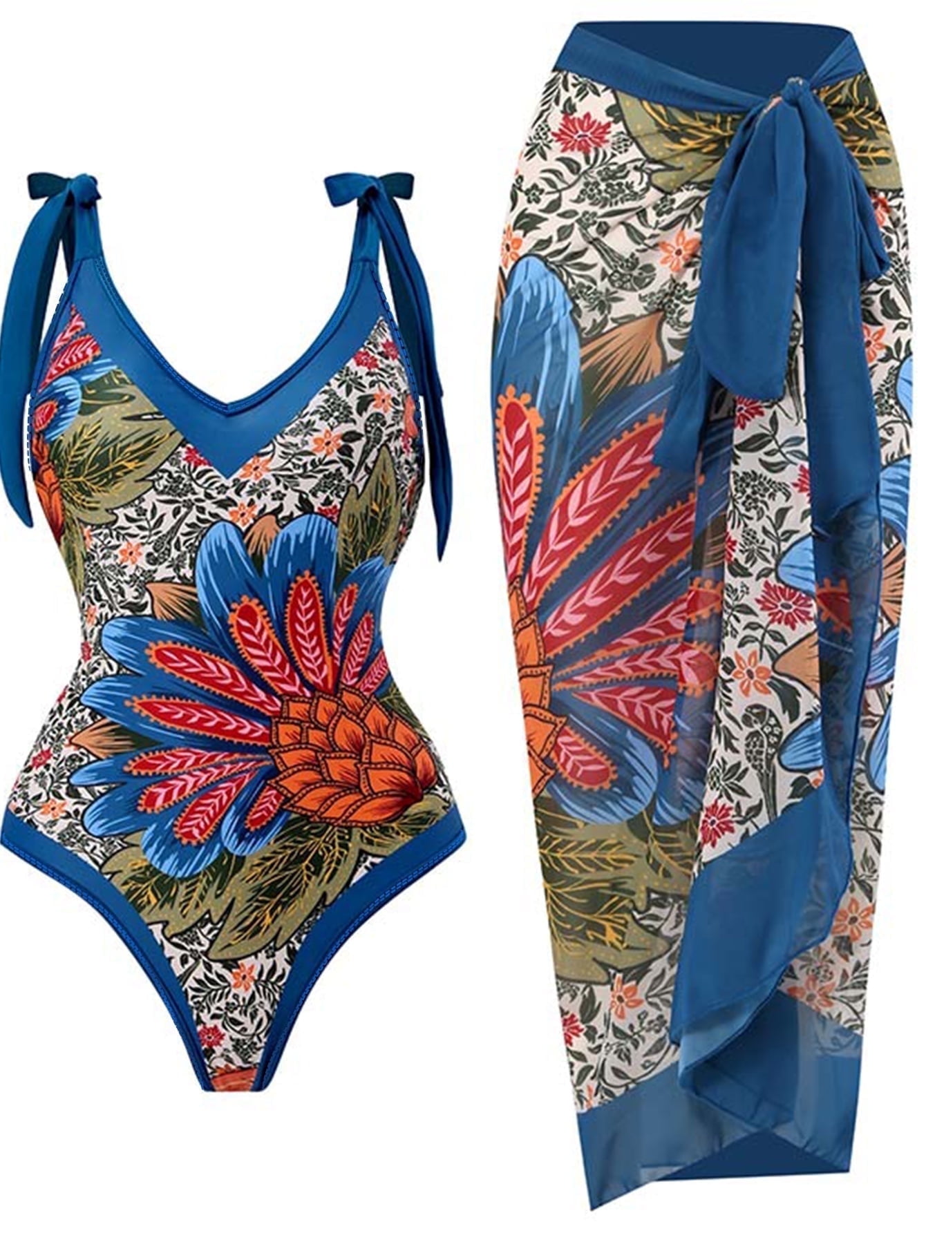 BERANMEY Women's Tropical Print One Piece Swimsuit with Cover-up Sarong ...