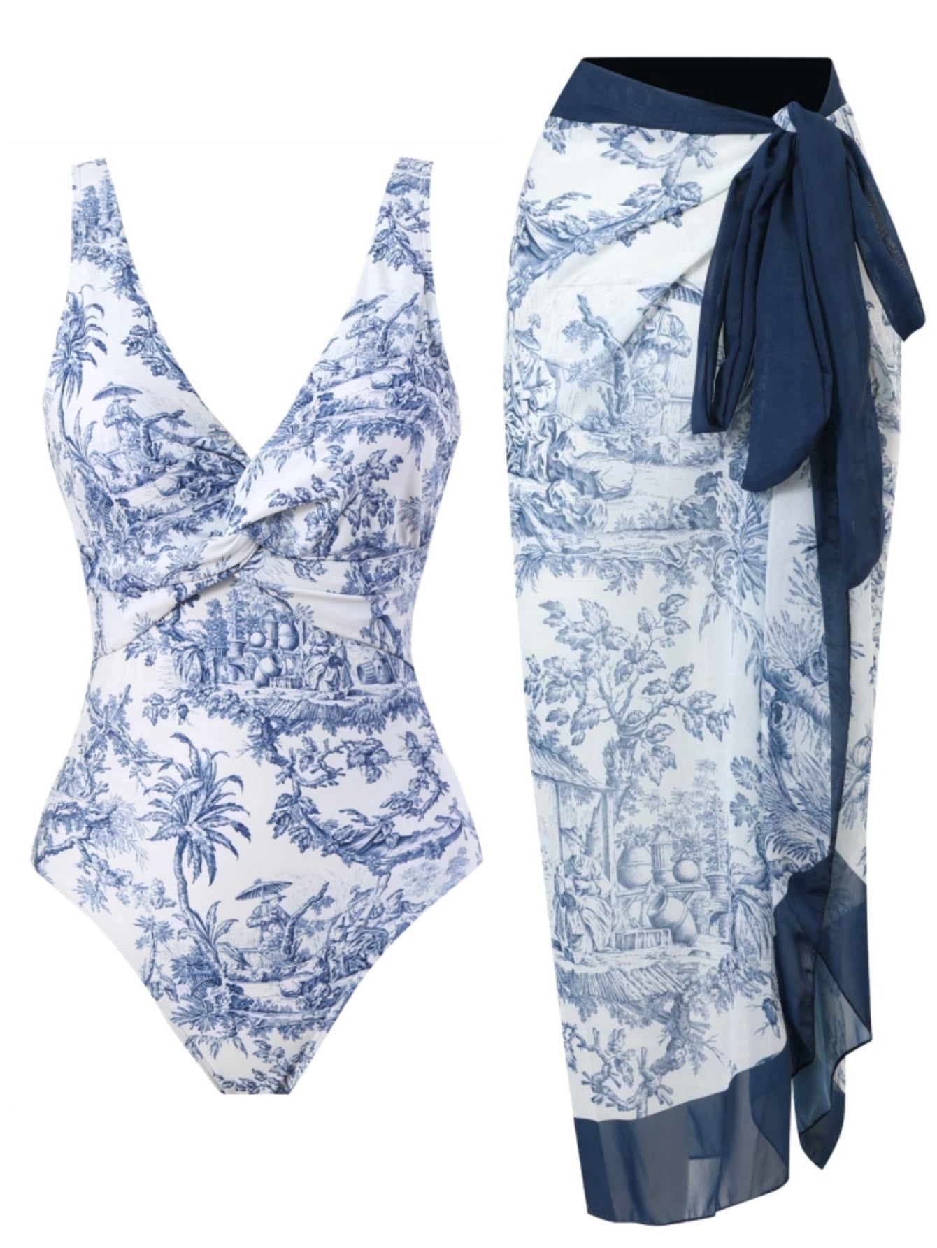 BERANMEY Women's Retro Floral One-Piece Swimsuit with Sarong Cover-Up ...