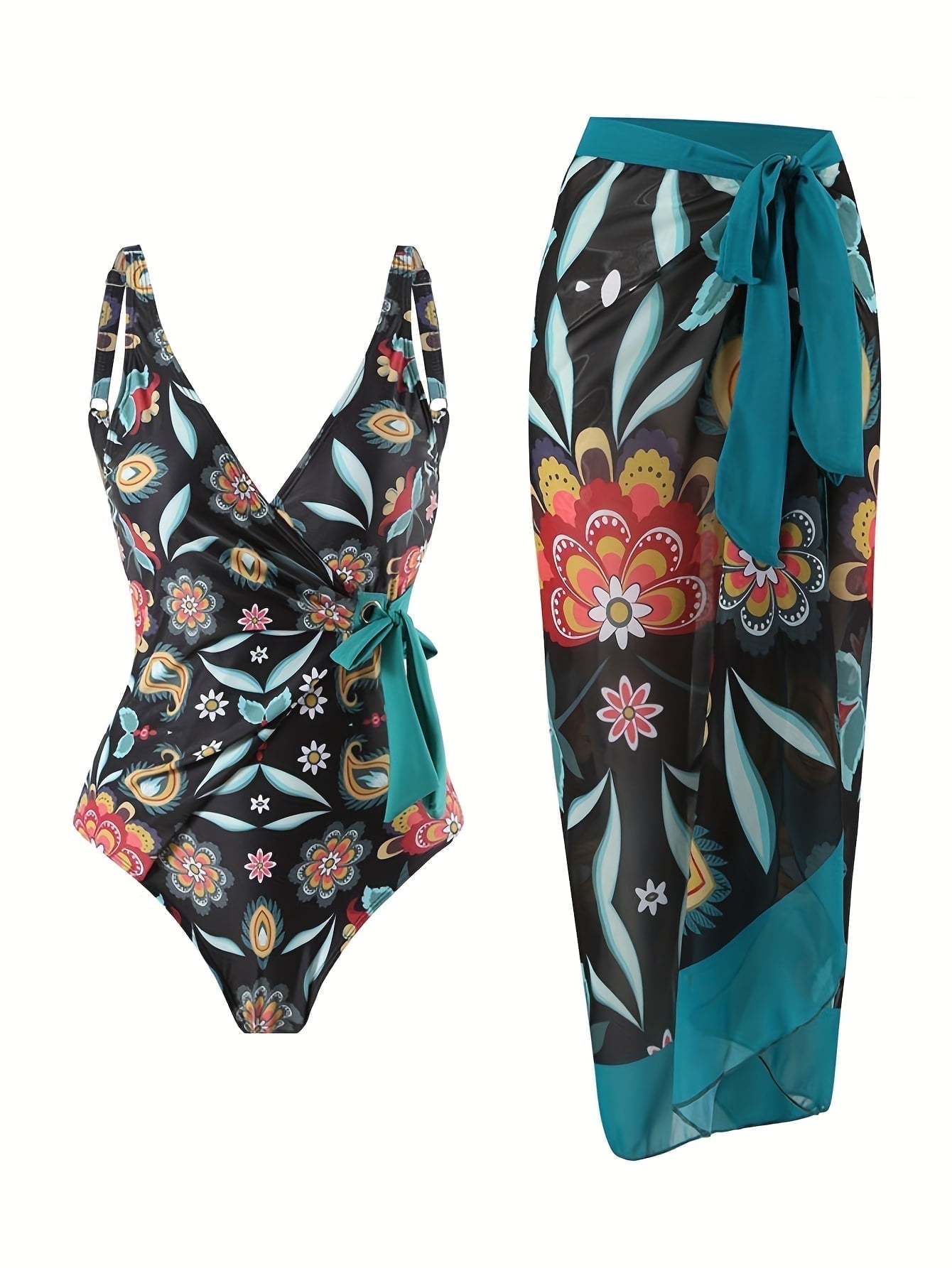 BERANMEY Women's Retro Floral Printed One Piece Swimsuit & Long Wrap ...
