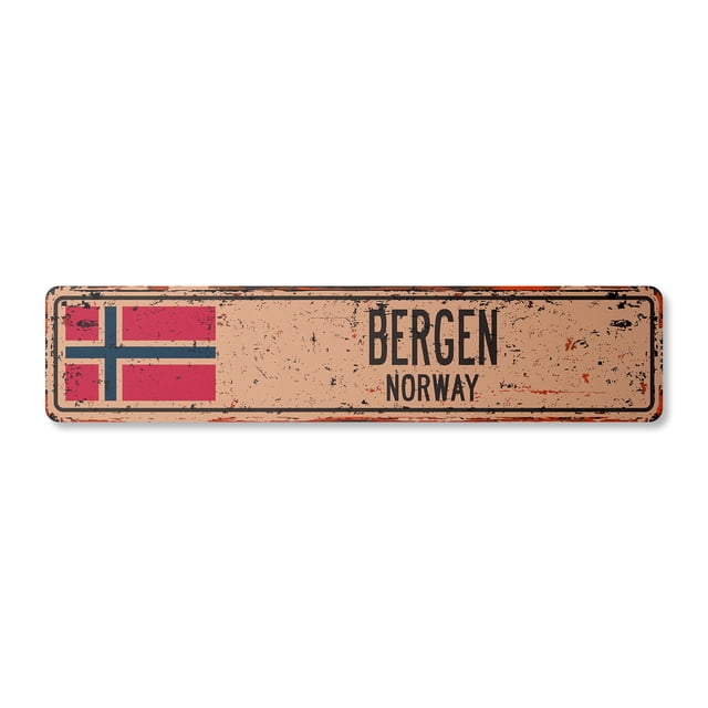 BERGEN NORWAY Vintage Plastic Street Sign Norwegian flag city country ...