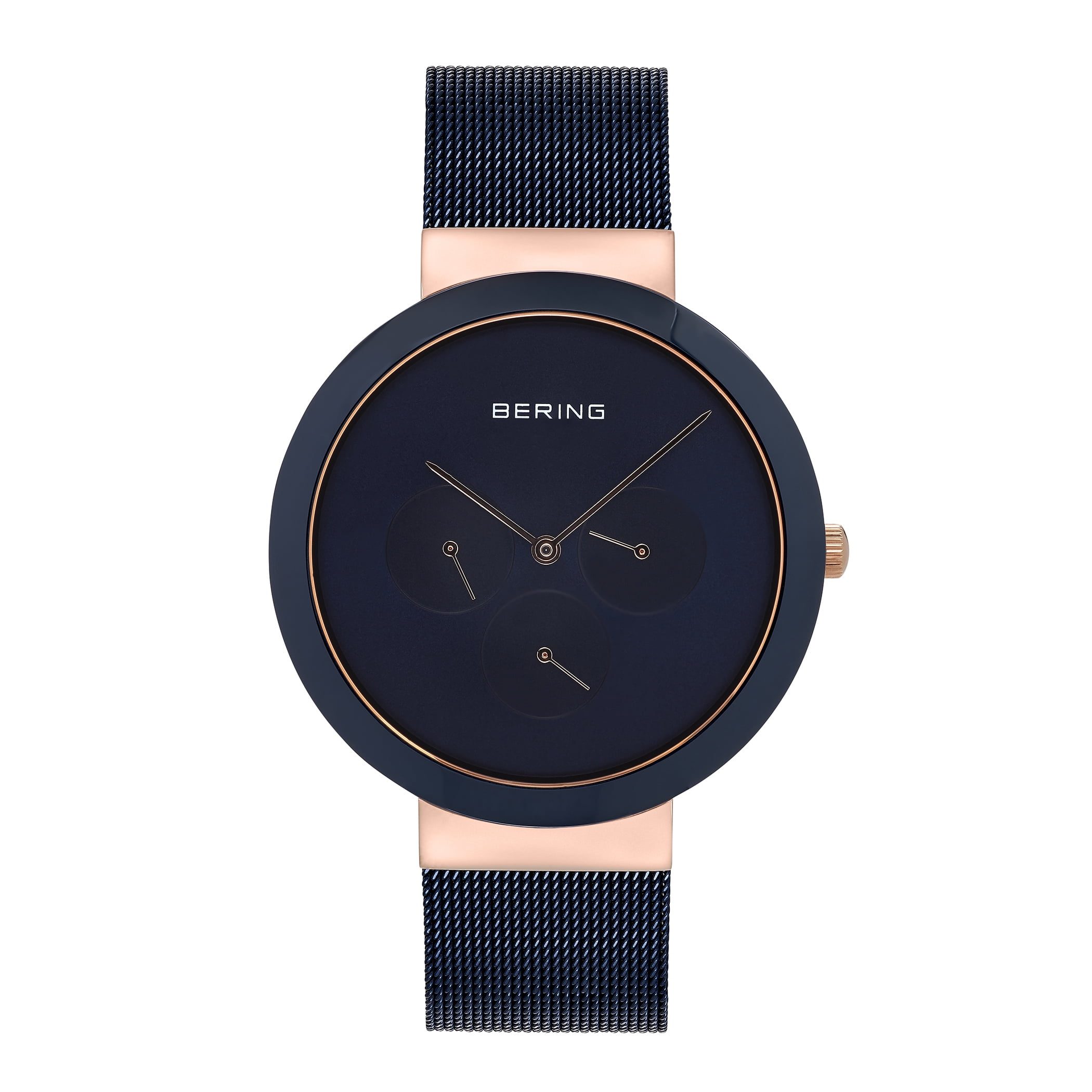 BERING Mens Ceramic Watch With Rose Gold Case & Blue Mesh Strap ...