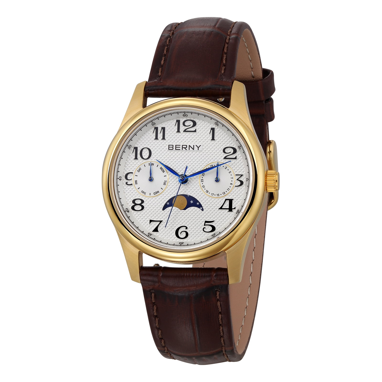 BERNY Dress Watches for Women, MultiFunction Leather Watch with Moon ...