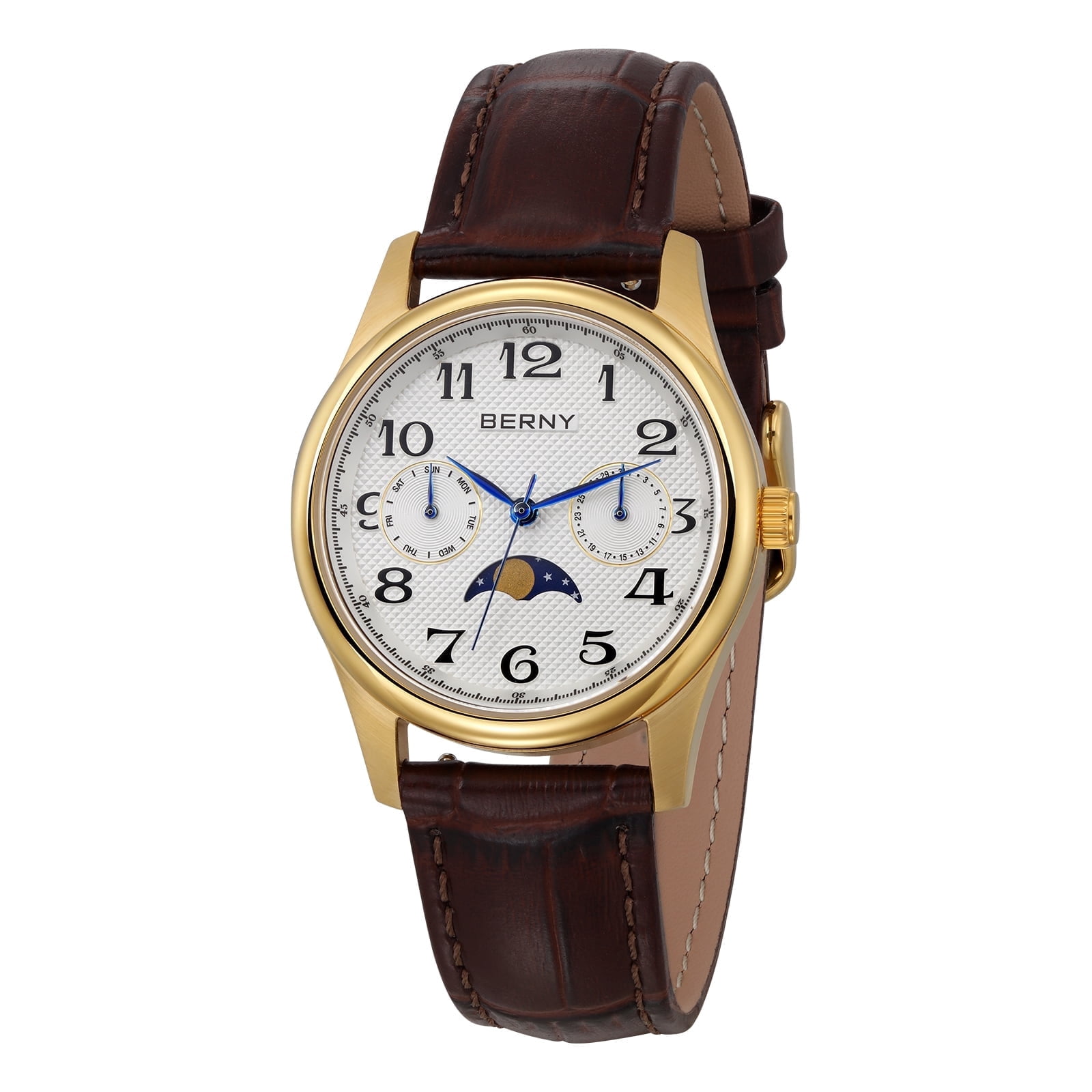 BERNY Dress Watches for Women, MultiFunction Leather Watch with Moon ...