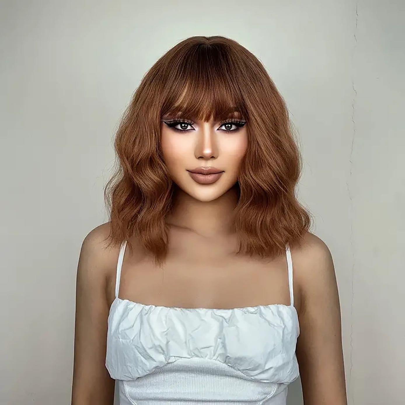 Beron Chocolate Brown Wig Short Curly Wavy Bob Wig With Bangs For Women Natural Looking