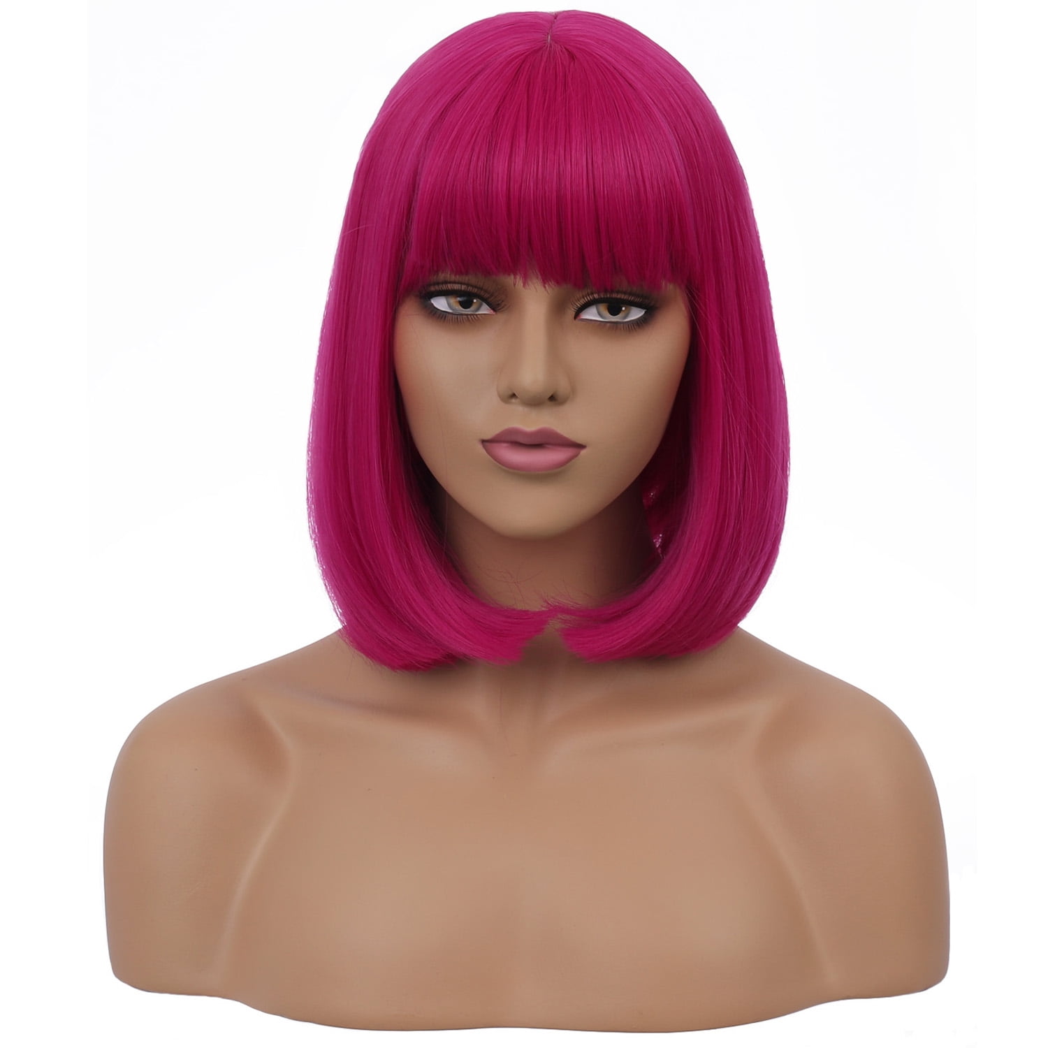 BERON Hot Pink Short Wigs Straight Bob Hair Wigs with Bangs for Women ...