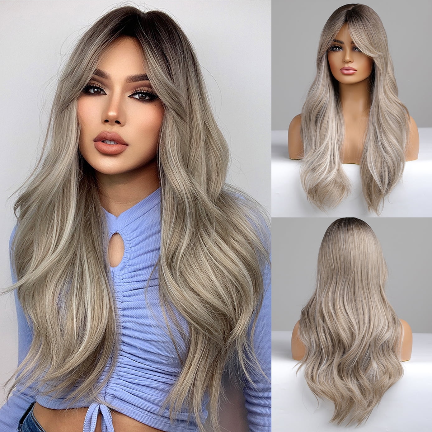 Beron Ombre Gray Wigs Long Wavy Women Wigs With Bangs Gray Blonde Curly Heat Resistant Synthetic