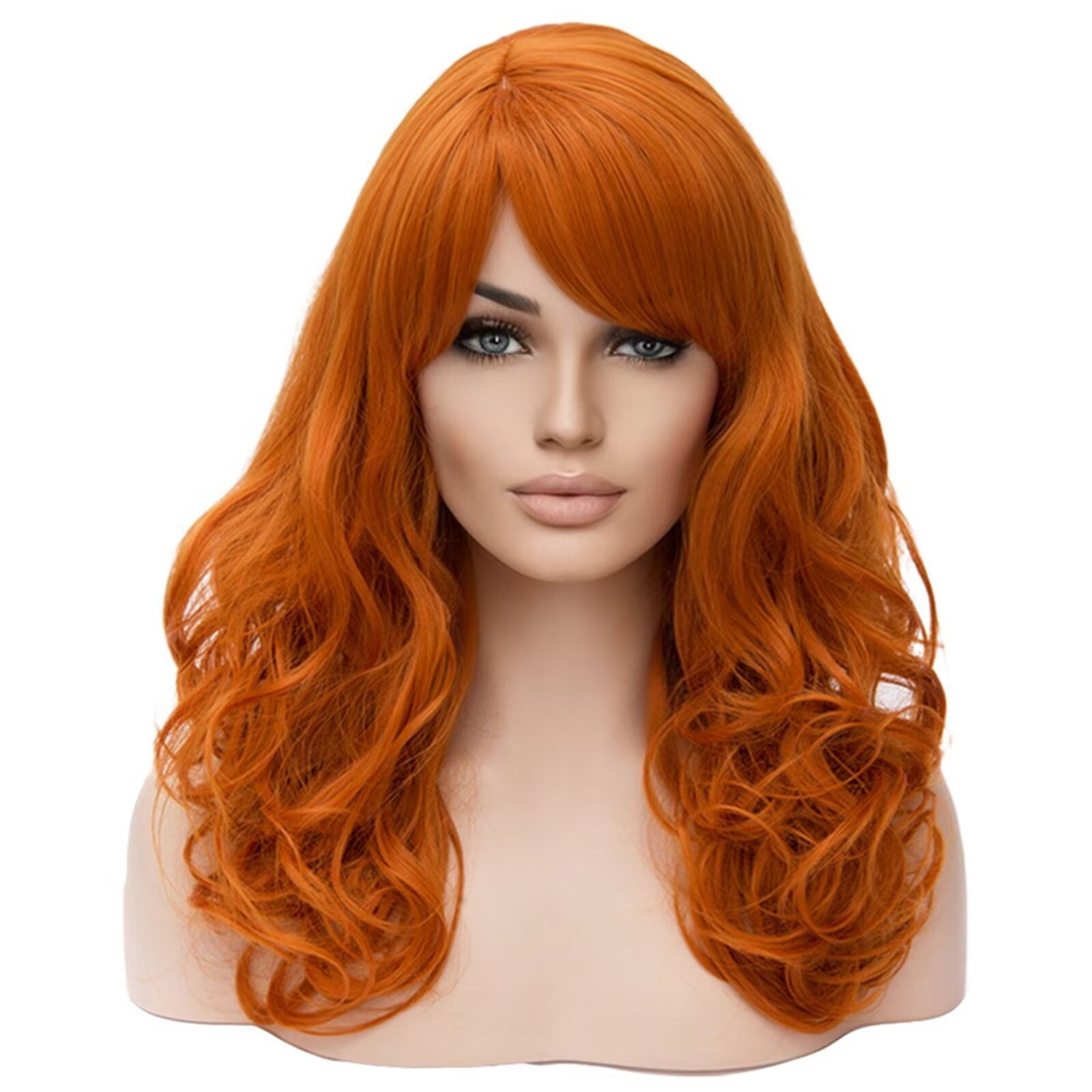 BERON Orange Middle Curly Side Bangs Wigs for Women Girls Wavy Heat Resistant Synthetic Hair ...