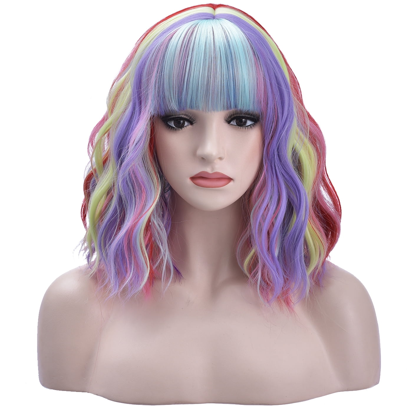 BERON 14 Inches Rainbow Colored Short Curly Bob Wig with Bangs ...