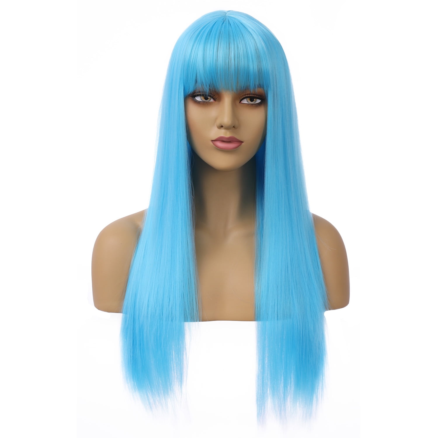 BERON Sky Blue Wigs Straight Long Hair Wigs with Bangs Women Fashion ...