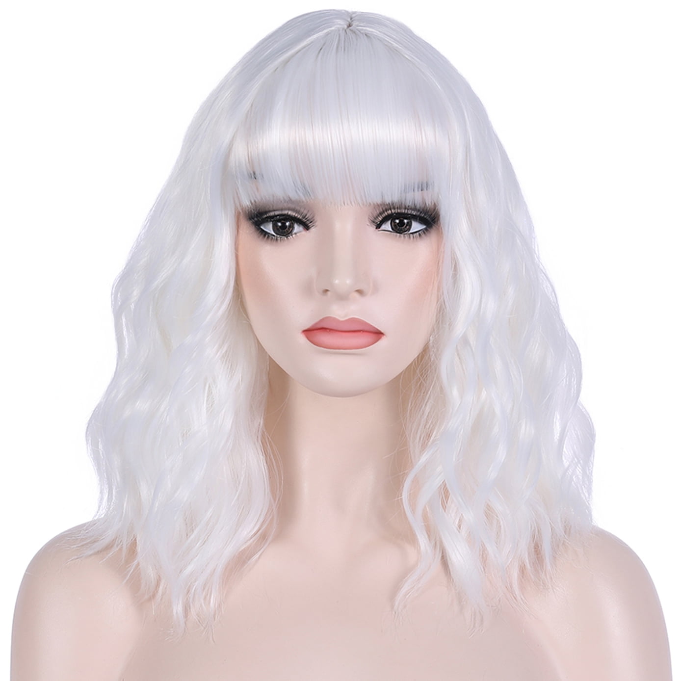 BERON White Wigs Short Curly Bob Wig with Bangs Wavy Hair Wigs 14 ...
