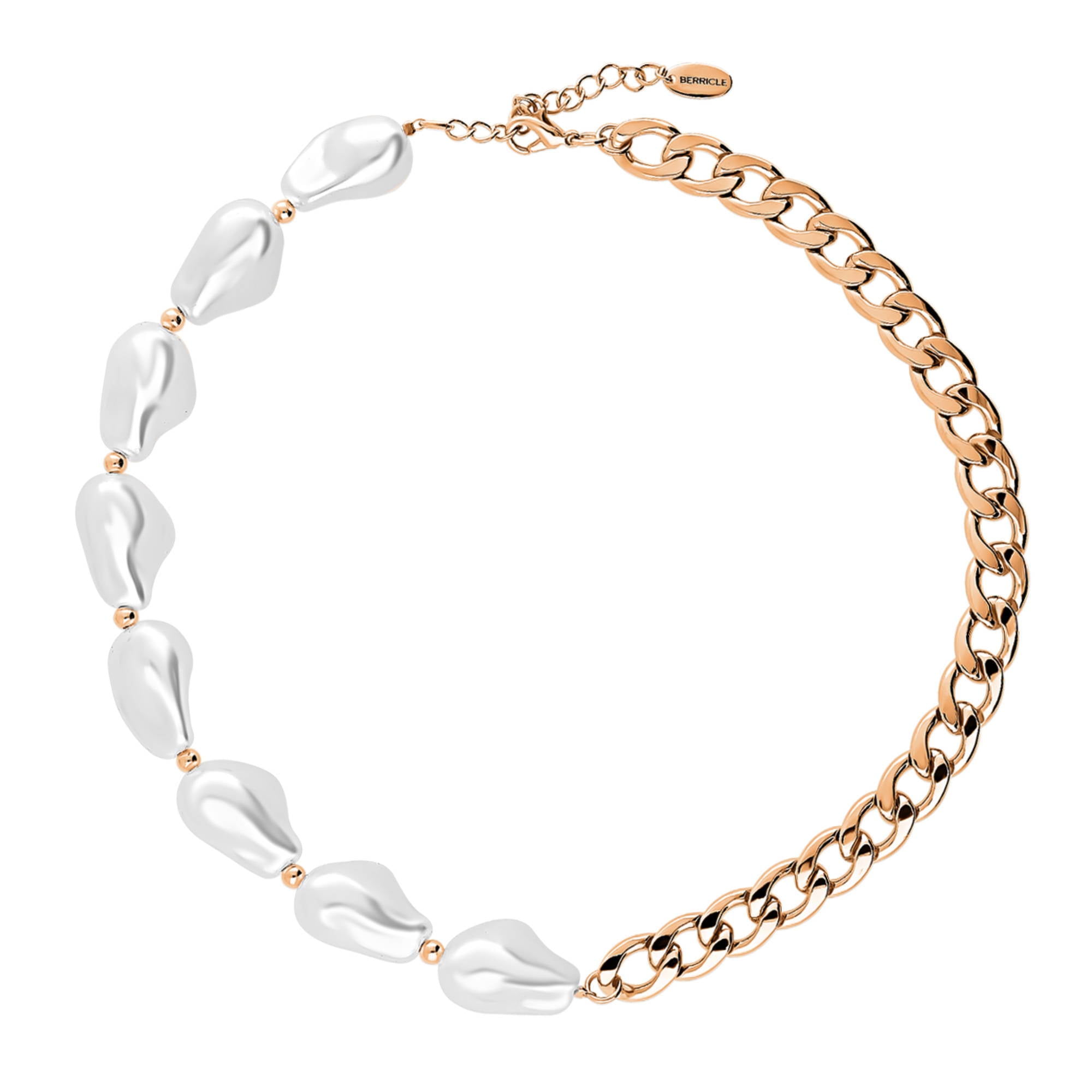 BERRICLE Imitation Pearl Fashion Curb Chain Necklace for Women 16 inch, Rose Gold Flashed ...