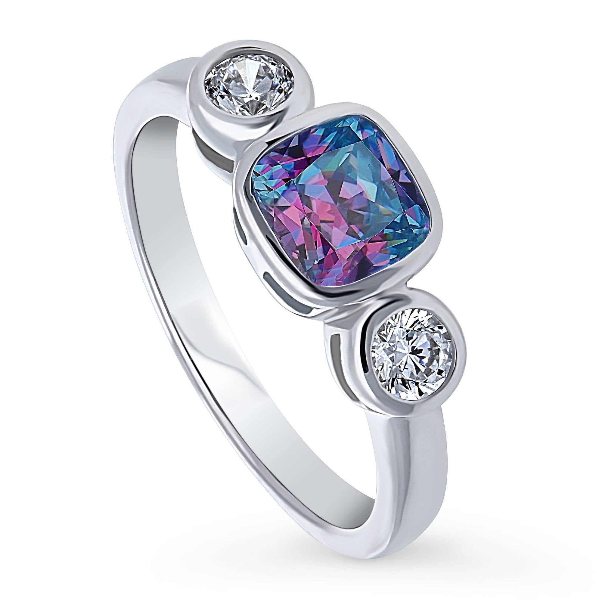 BERRICLE Sterling Silver 3-Stone Purple Aqua Cushion Cut Cubic Zirconia ...