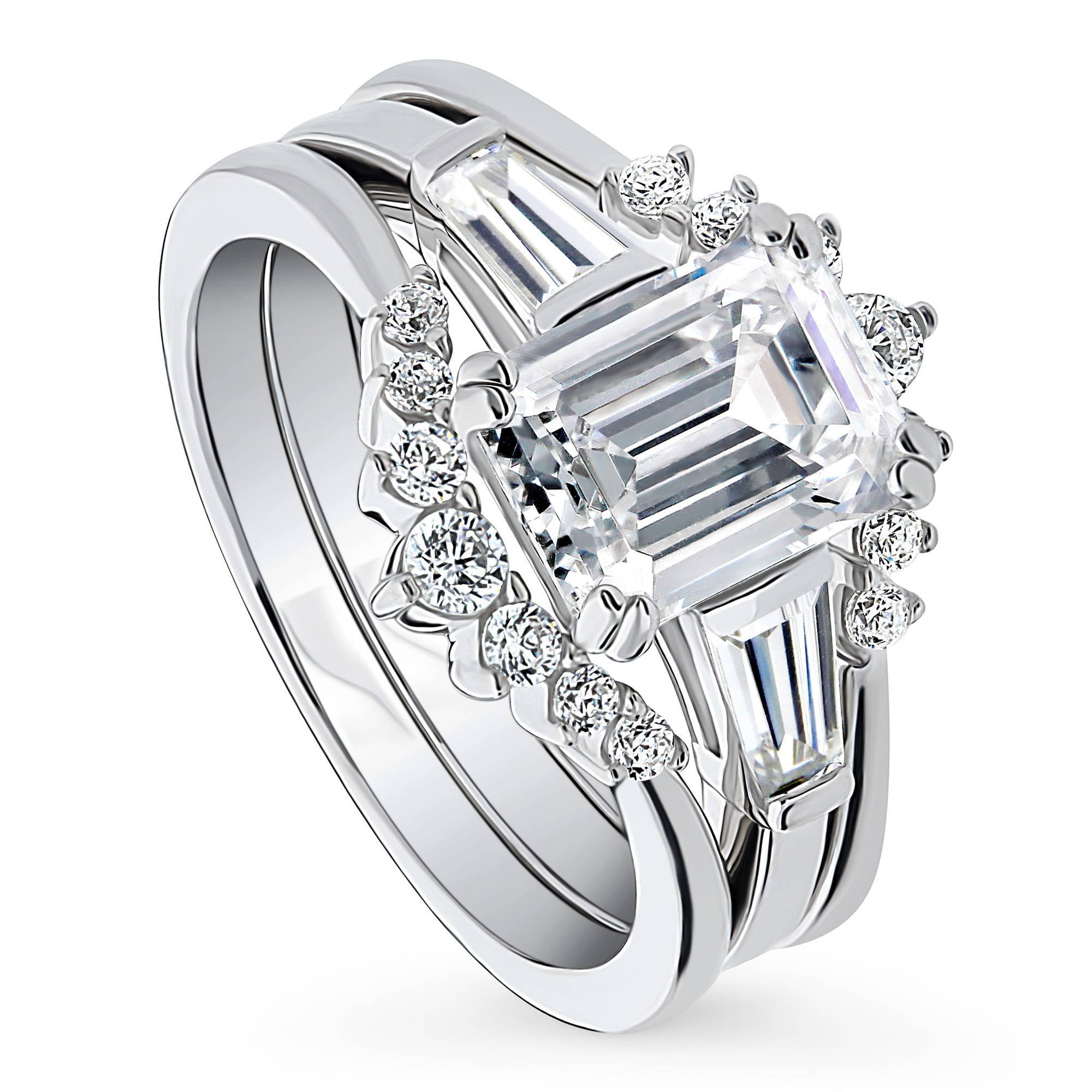 BERRICLE Sterling Silver 3-Stone Wedding Engagement Rings 2.1 Carat Emerald Cut Cubic Zirconia ...