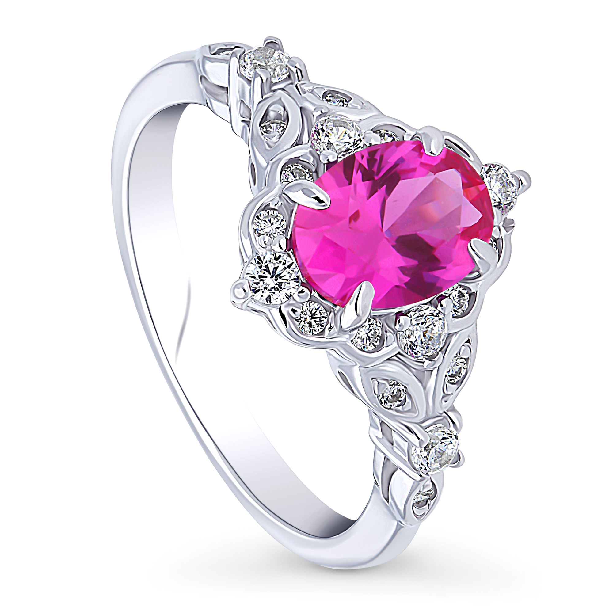Pink Oval Center Pave Sides Cubic Zirconia Engagement Ring Rhodium ...