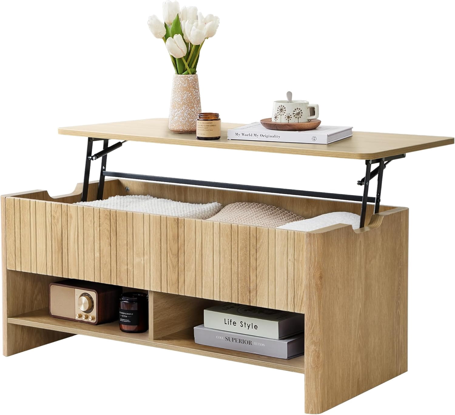 BERRYMERRY Wood Lift Top Coffee Table with Hidden Storage & Open Shelf ...