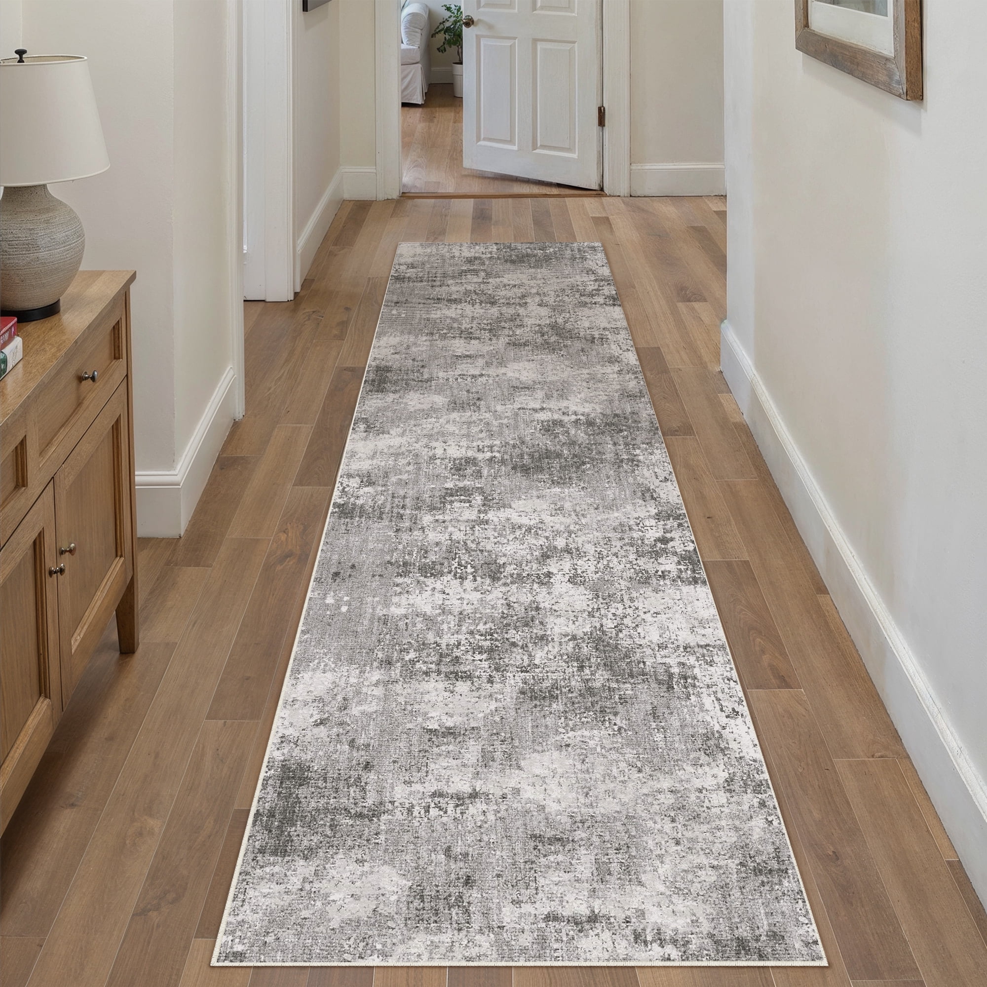 Berthmeer Gray Abstract Hall Runner Rug 2'x8' Indoor Machine Washable ...